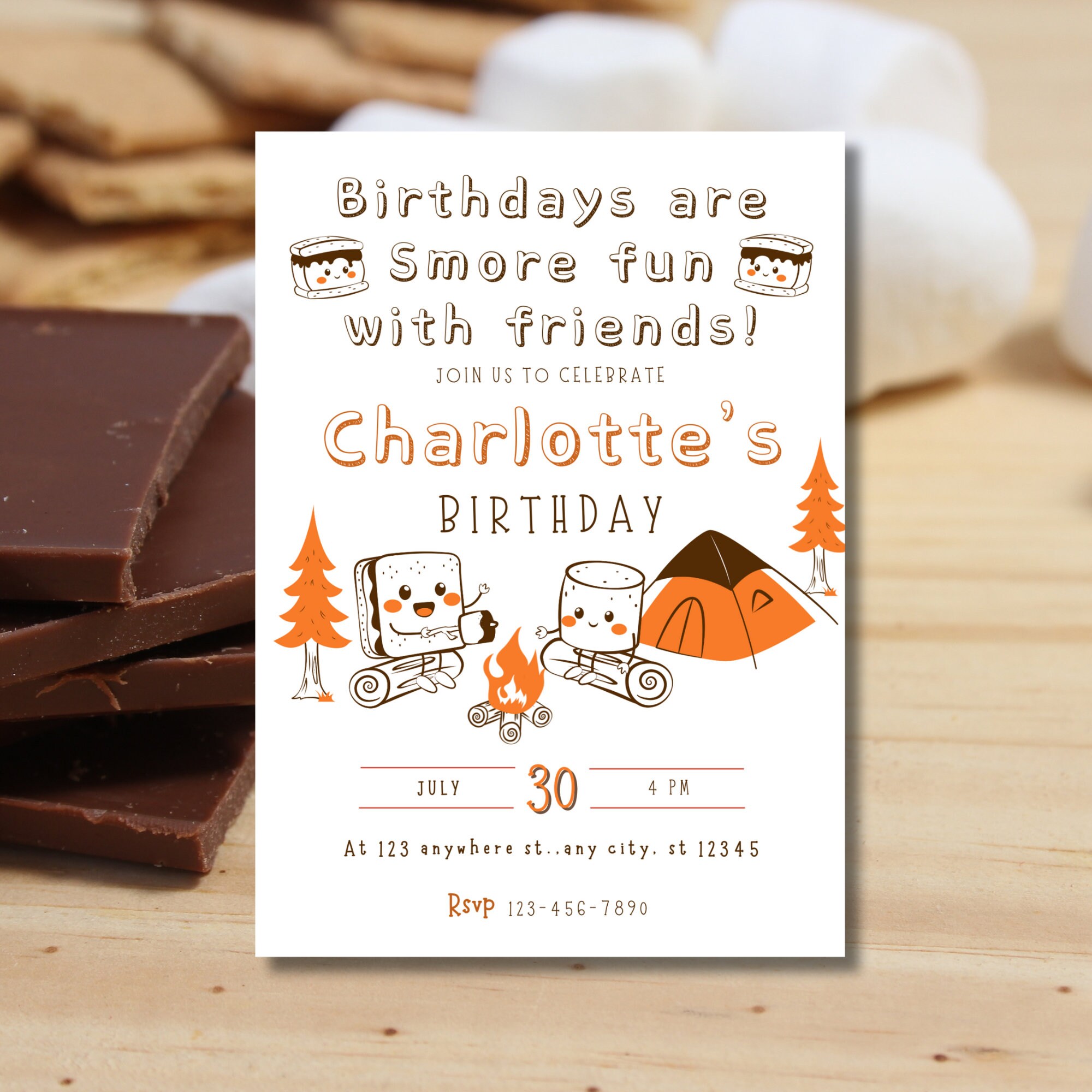 Smore Birthday Invite Template, Outdoor Birthday Invitation, Kids Bday ...