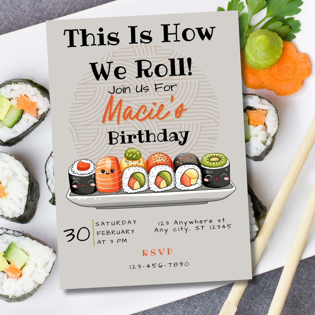 Kawaii Sushi Birthday Invite, Sushi Birthday, Sushi Theme Party, Kids ...