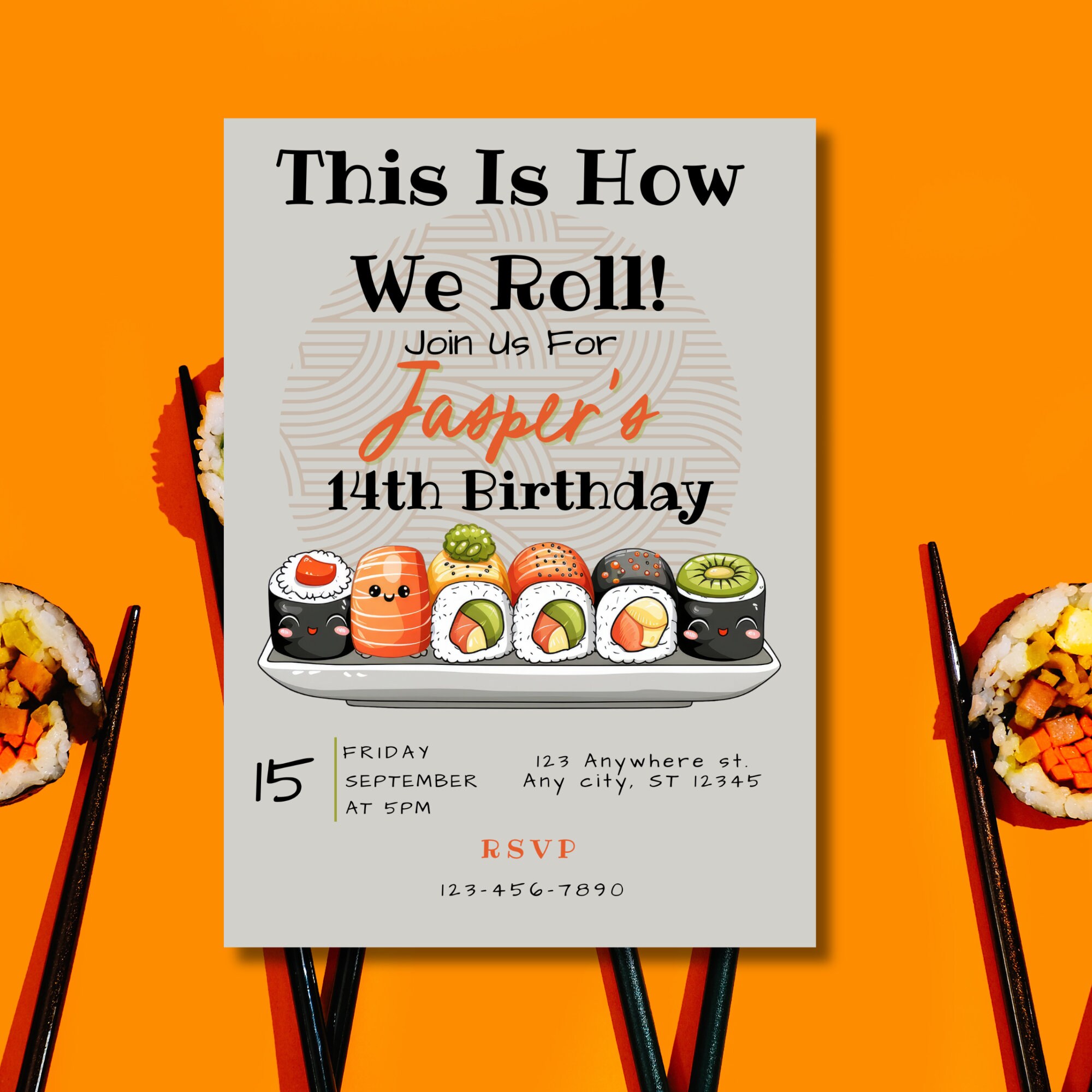 Kawaii Sushi Birthday Invite, Sushi Birthday, Sushi Theme Party, Kids ...