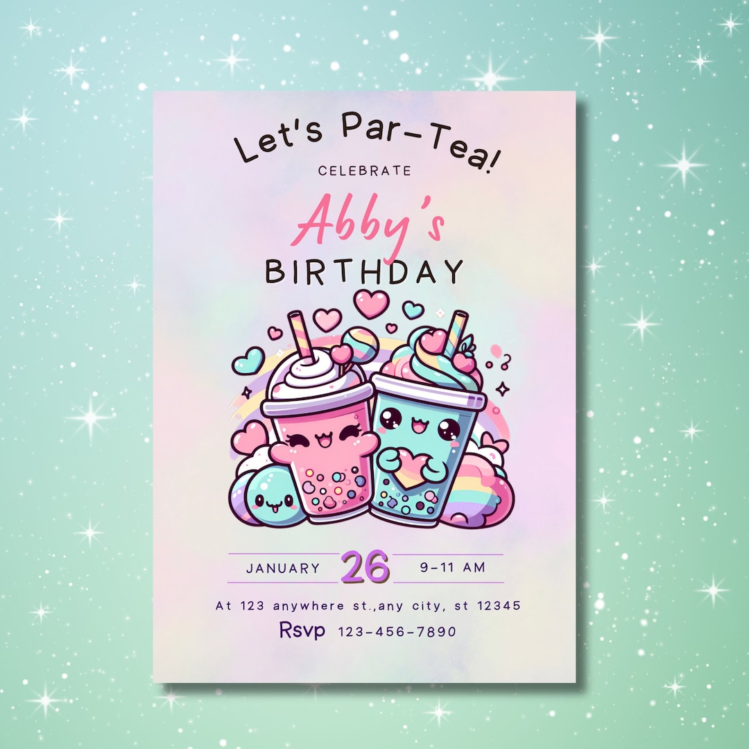Bubble Tea Birthday Invite, Girl Party Invitation, Digital Template ...