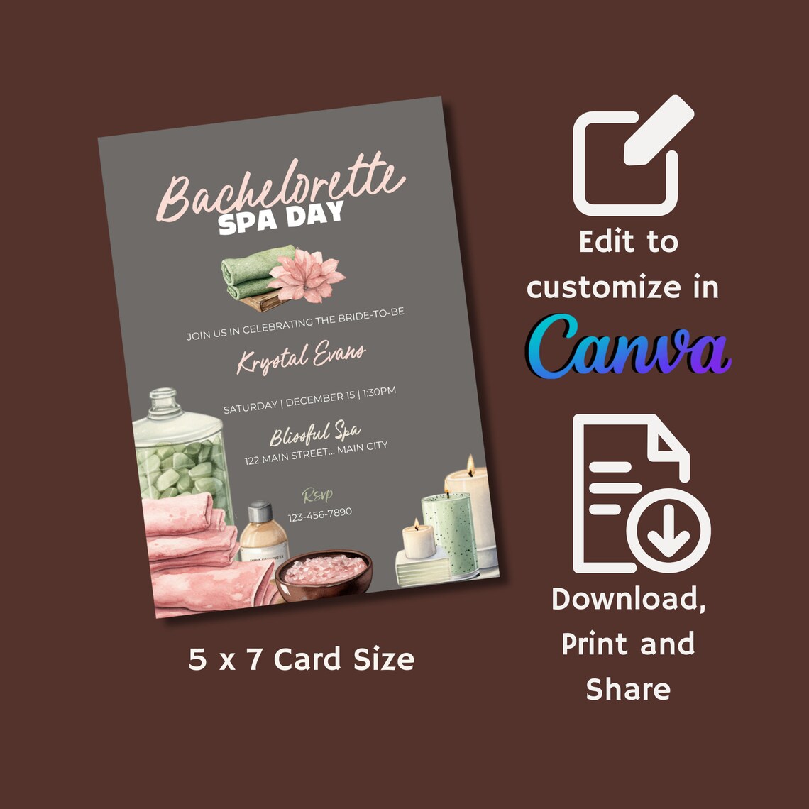 Spa Day Bachelorette Invite, Bridal Shower Invitation, Editable Invite ...