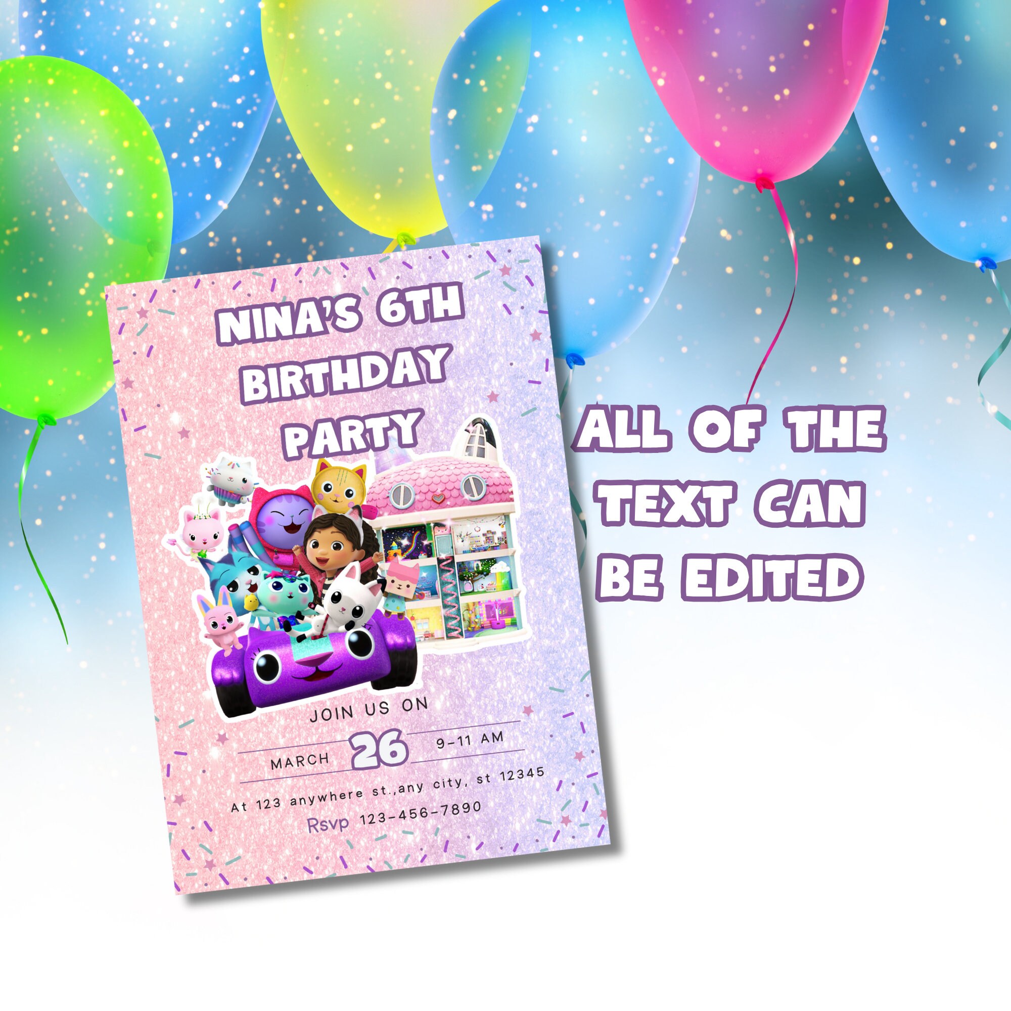 Gabbys Birthday Invite, Gabby Invitation, Pink and Purple Party, Gabby ...