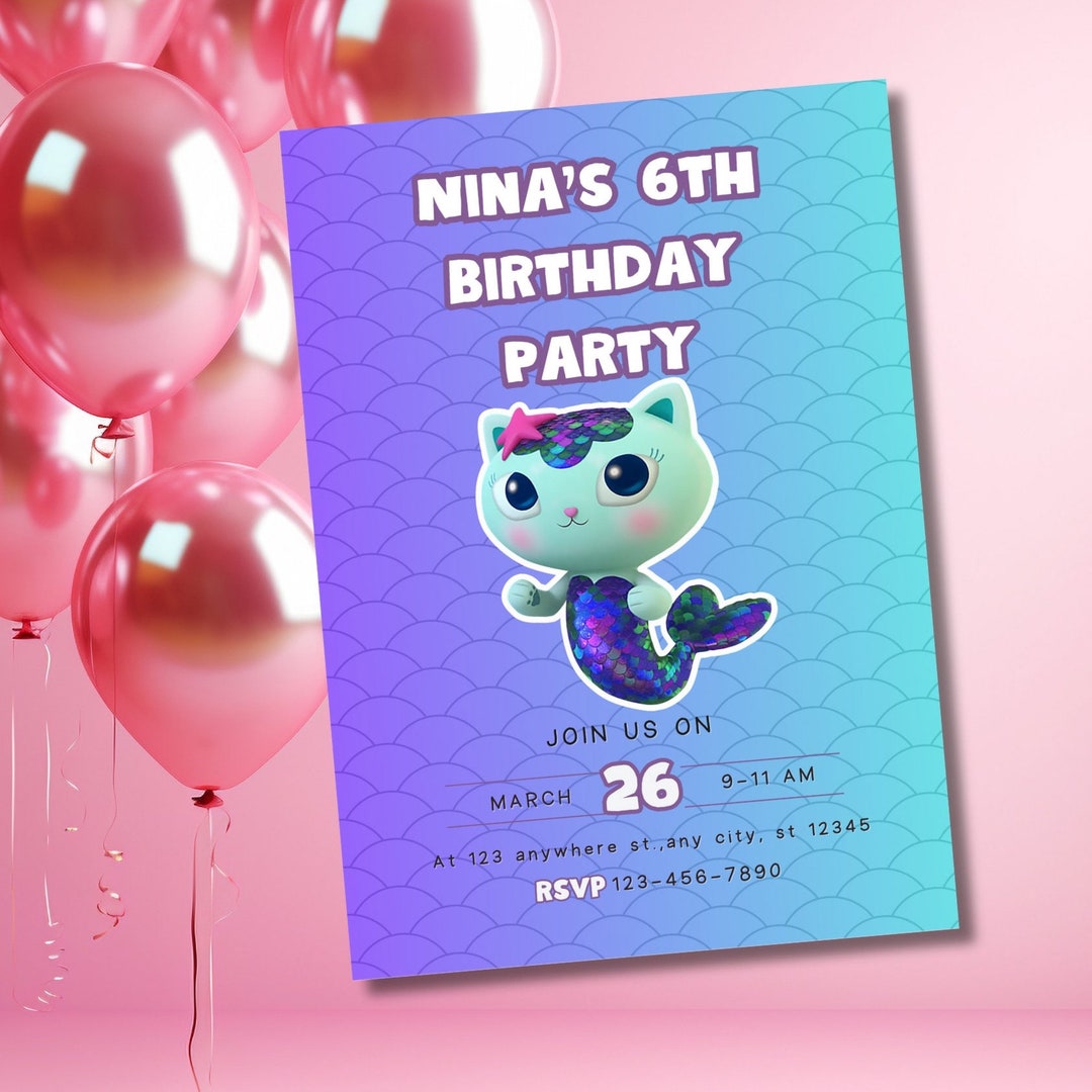 Mercat Birthday Invite, Gabby Invitation, Pink and Purple Party, Gabby ...