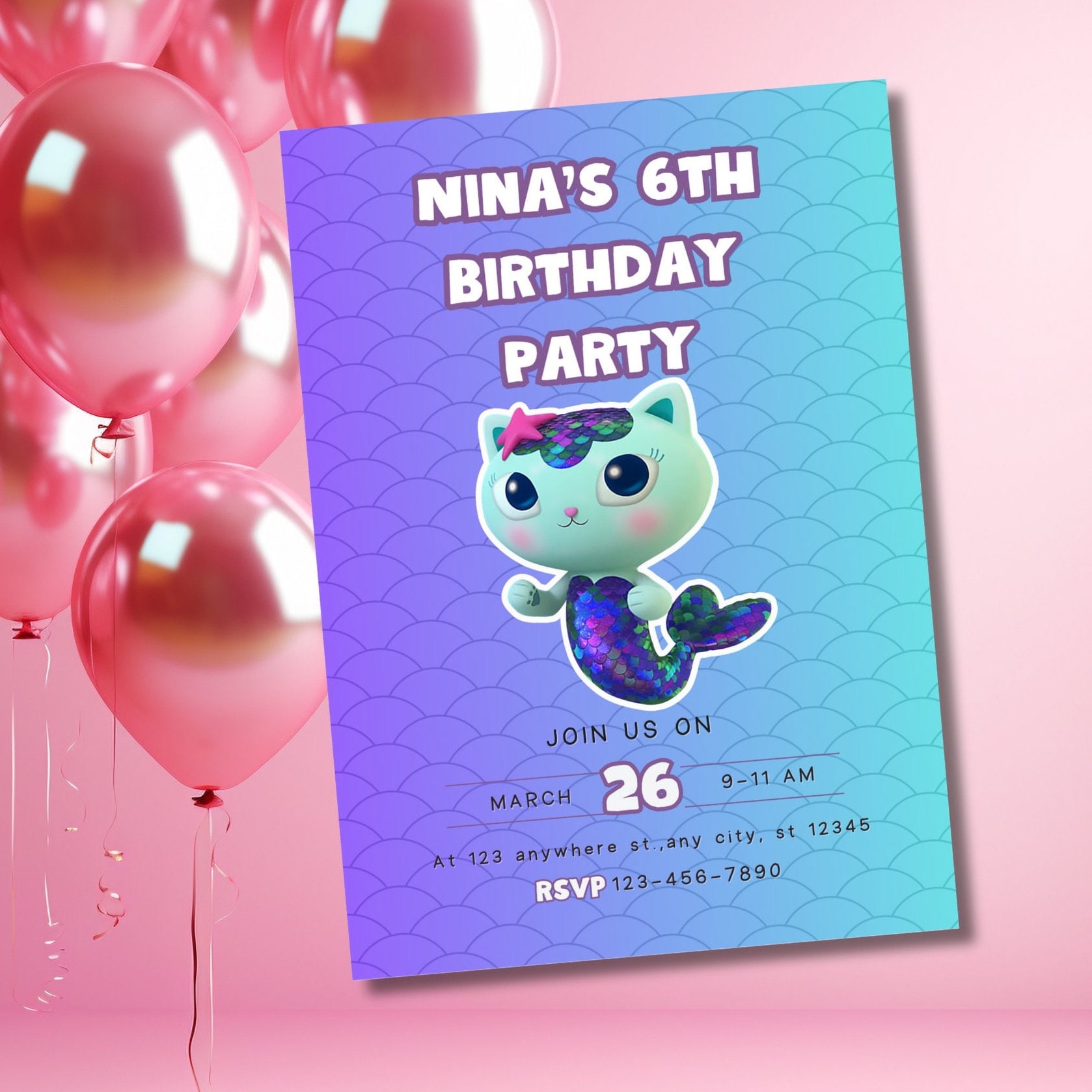 Mercat Birthday Invite, Gabby Invitation, Pink and Purple Party, Gabby ...