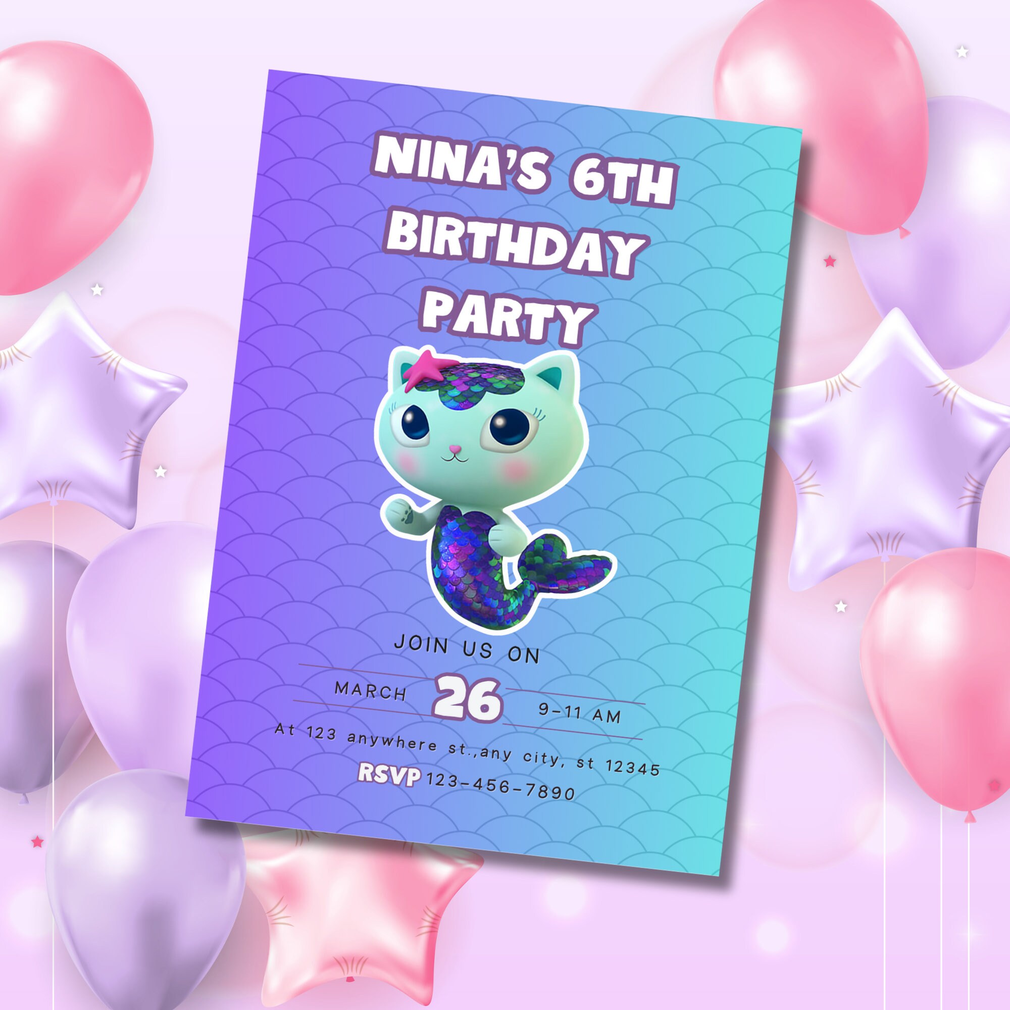 Mercat Birthday Invite, Gabby Invitation, Pink and Purple Party, Gabby ...
