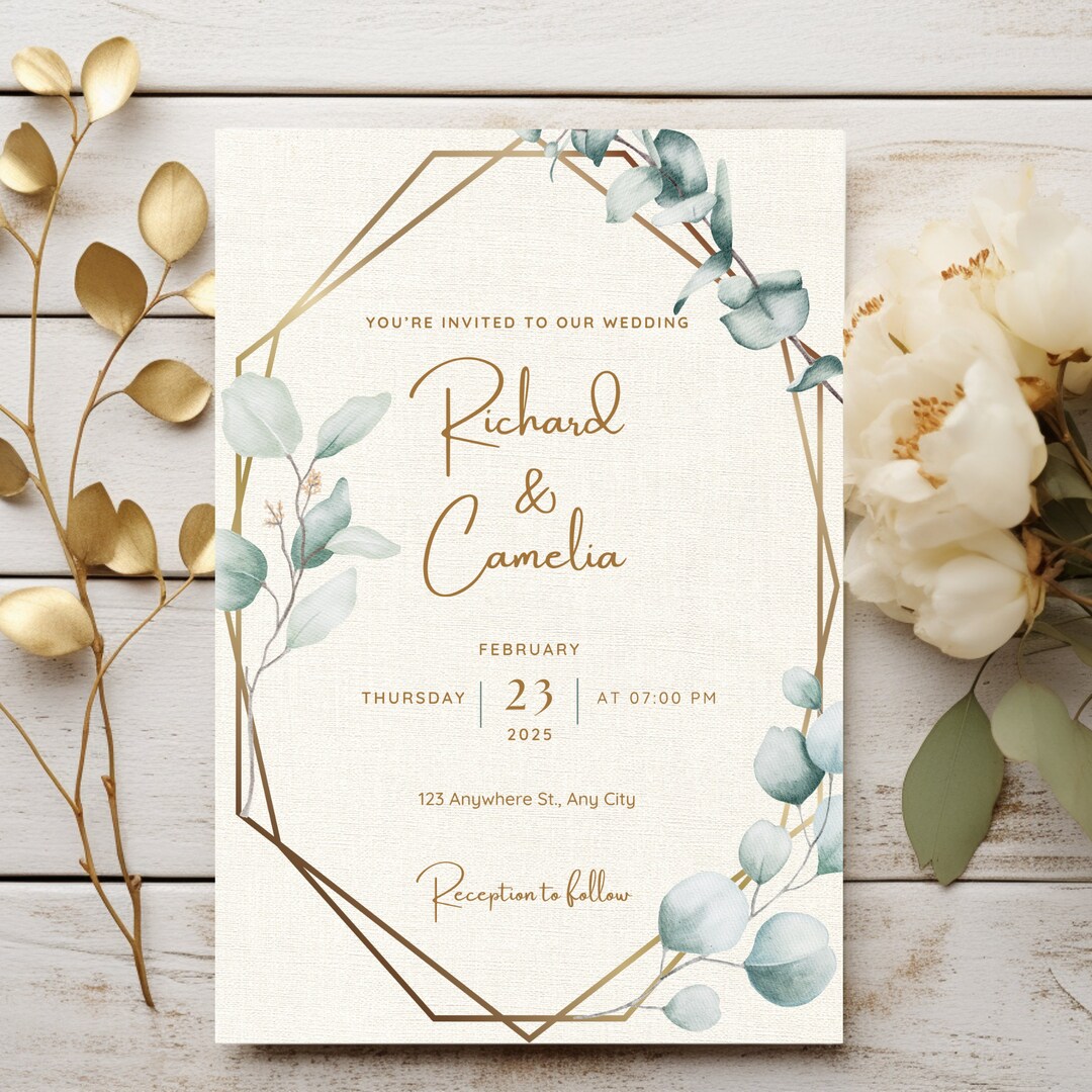 Eucalyptus Wedding Invite Template, Greenery Hexagonal, Wedding ...