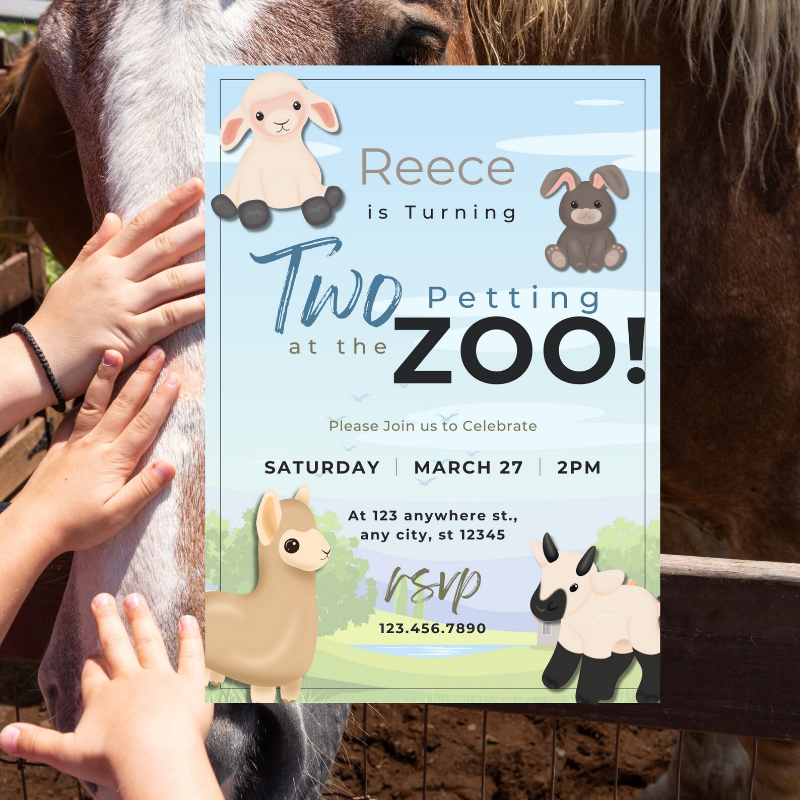 Two at the Petting Zoo Birthday Invite, Editable Template - Etsy