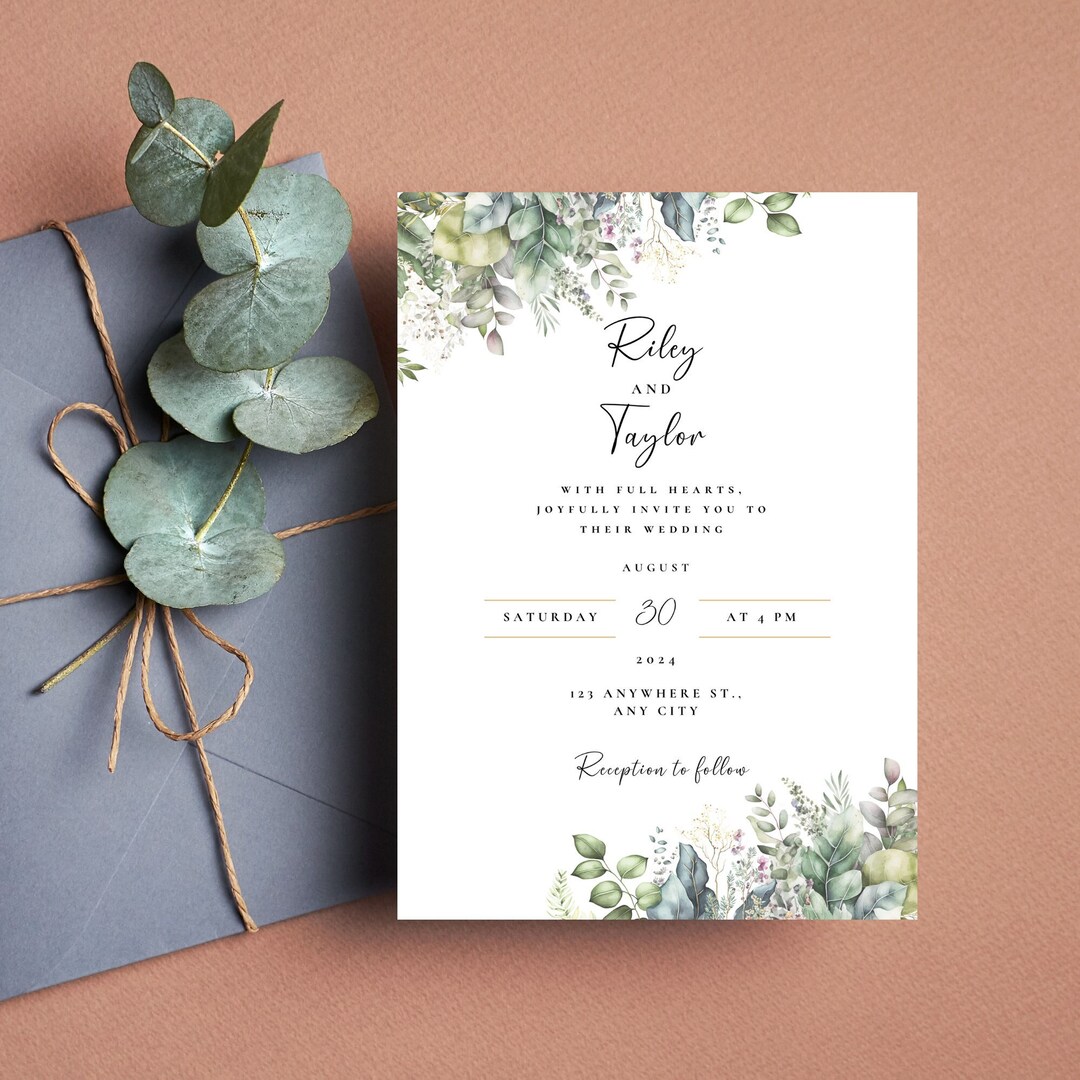 Greenery Wedding Invite Template, Greenery Rsvp Card, Wedding Invitation,modern Eucalyptus Set ...