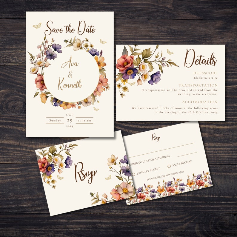 Wildflower Cottagecore Floral Wedding Bundle, Modern Boho Wedding Set ...