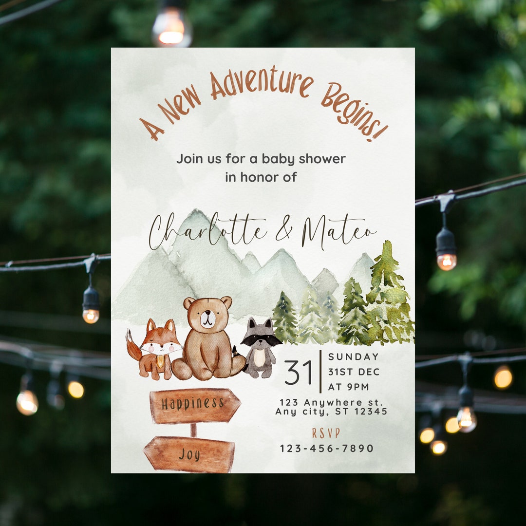 Adventure Baby Shower Invite Template, Woodland Baby Shower, Sage Baby ...