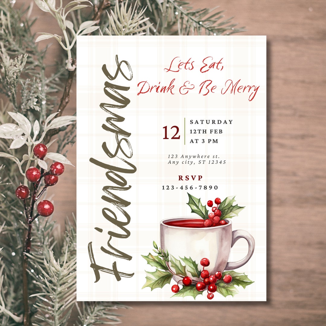 Friendsmas Invite, Eat Drink and Be Merry, Canva Template, Gift Swap ...