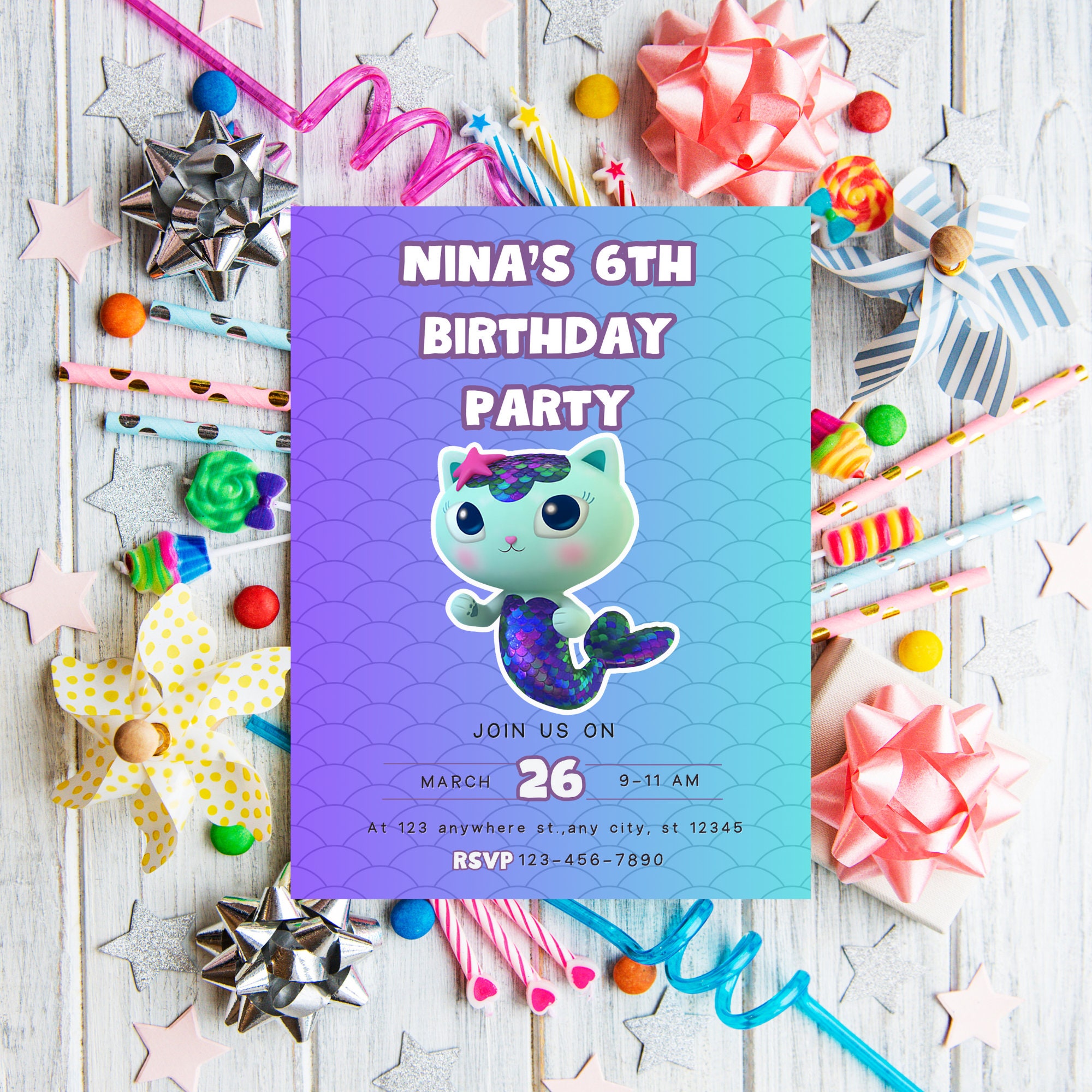 Mercat Birthday Invite, Gabby Invitation, Pink and Purple Party, Gabby ...