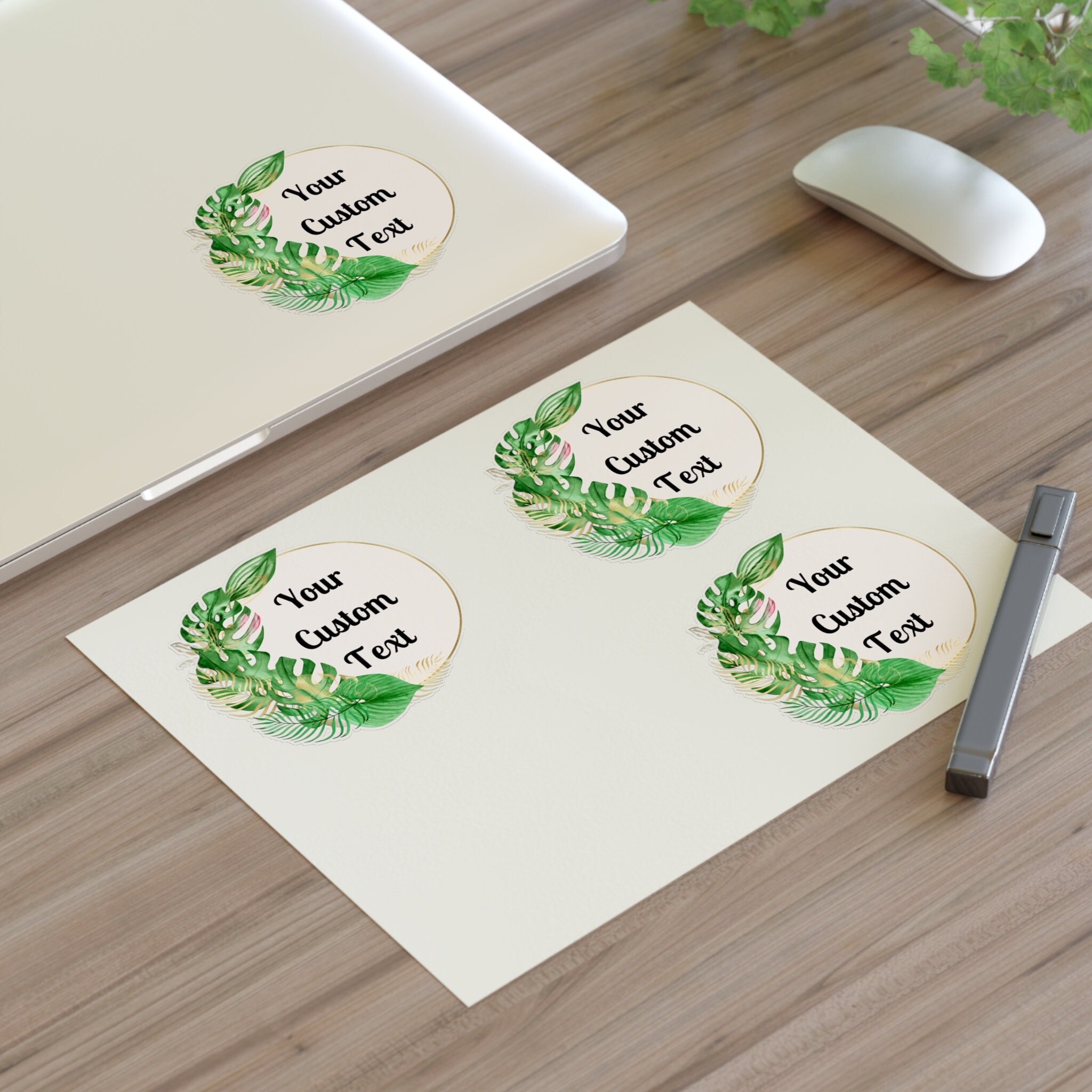 Custom Tropical Sticker Labels, Gold Round Frame, Monsterra ...