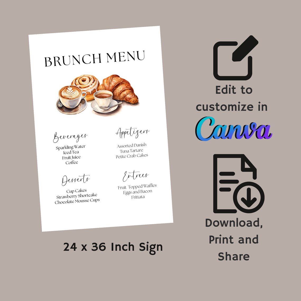 Brunch Menu Sign Template, Custom Menu Sign, Edit Menu, Large Sign ...