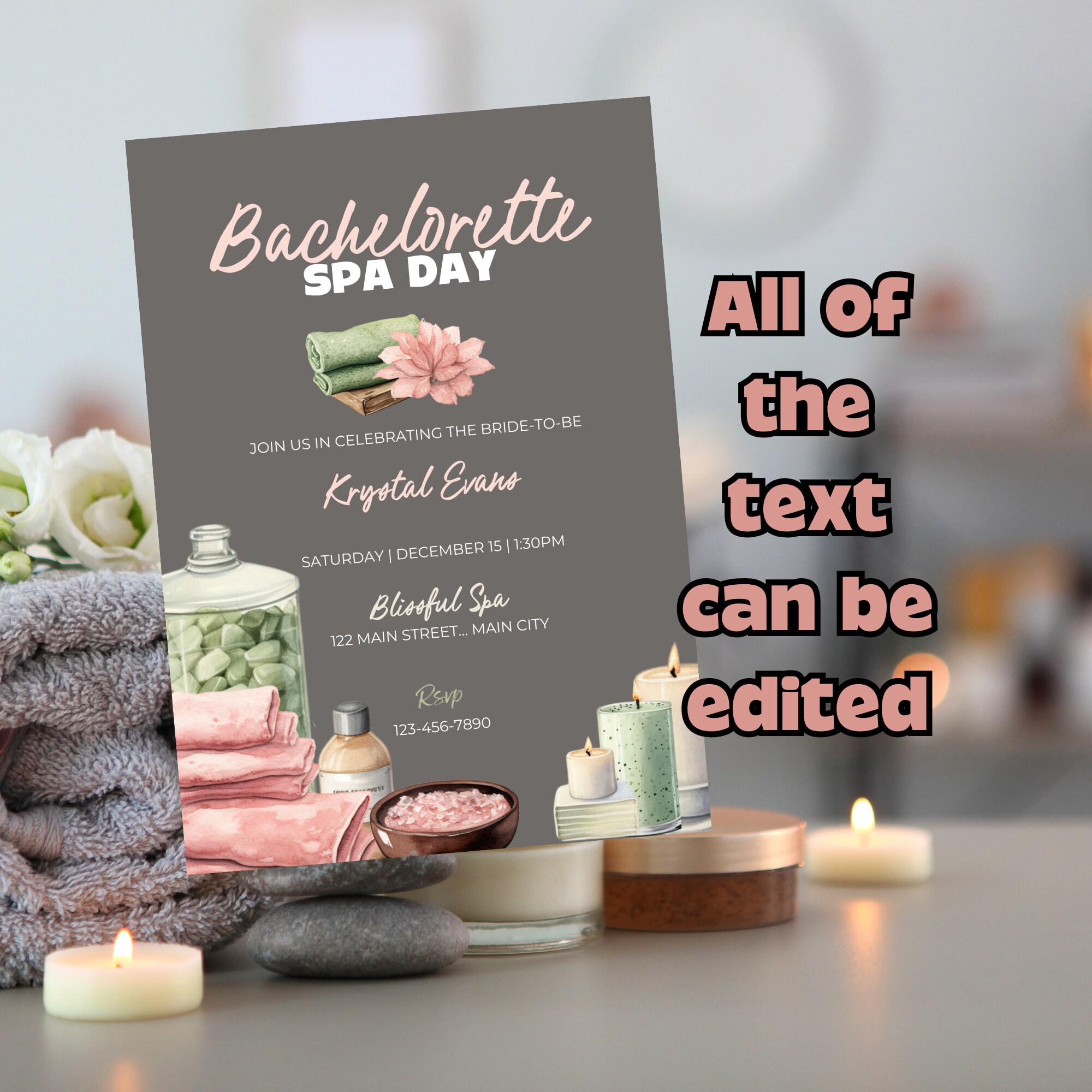 Spa Day Bachelorette Invite, Bridal Shower Invitation, Editable Invite ...
