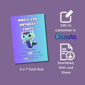 Mercat Birthday Invite, Gabby Invitation, Pink and Purple Party, Gabby ...