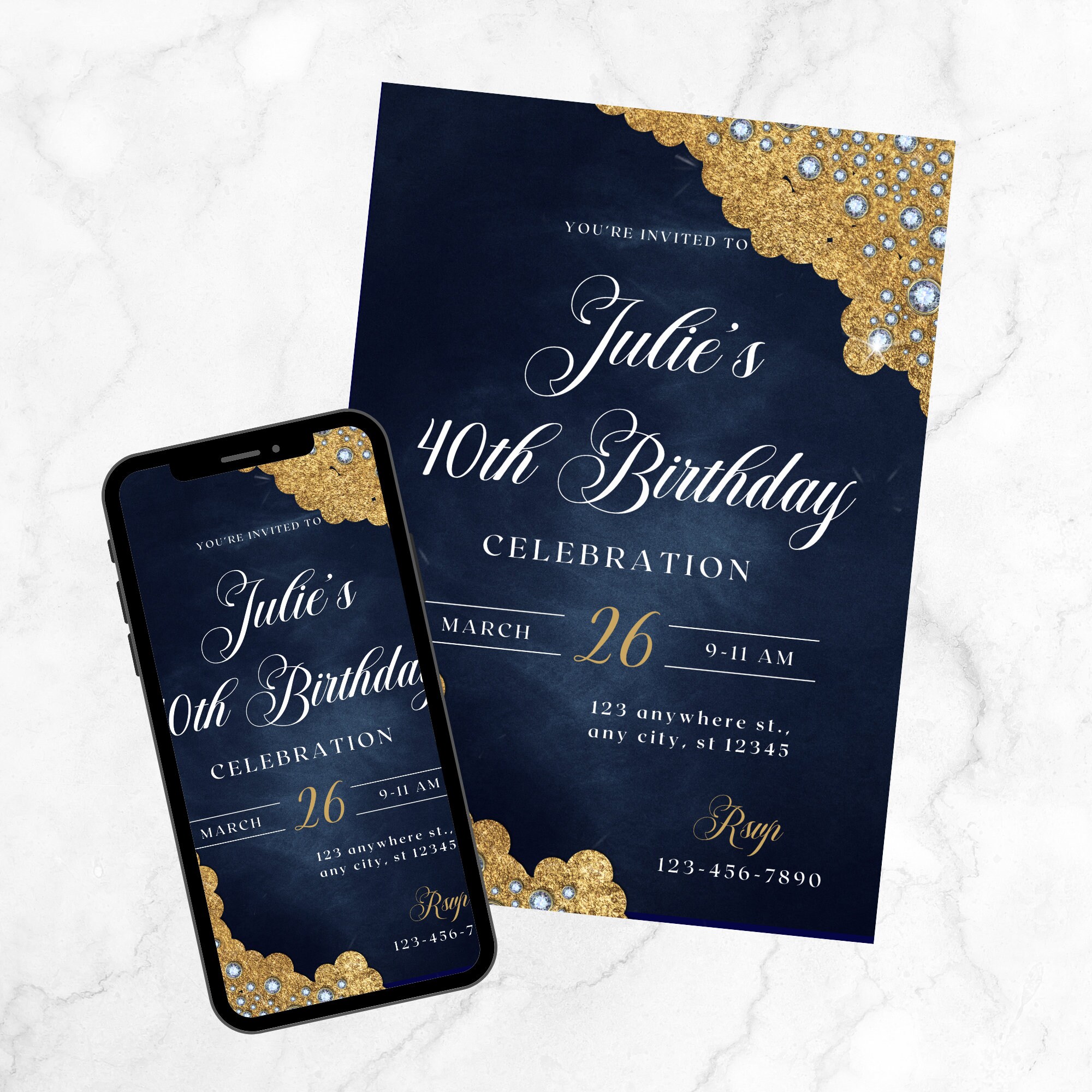 Navy Blue Gold Invite, Blue Gold Birthday, Elegant Invitation, Adult ...