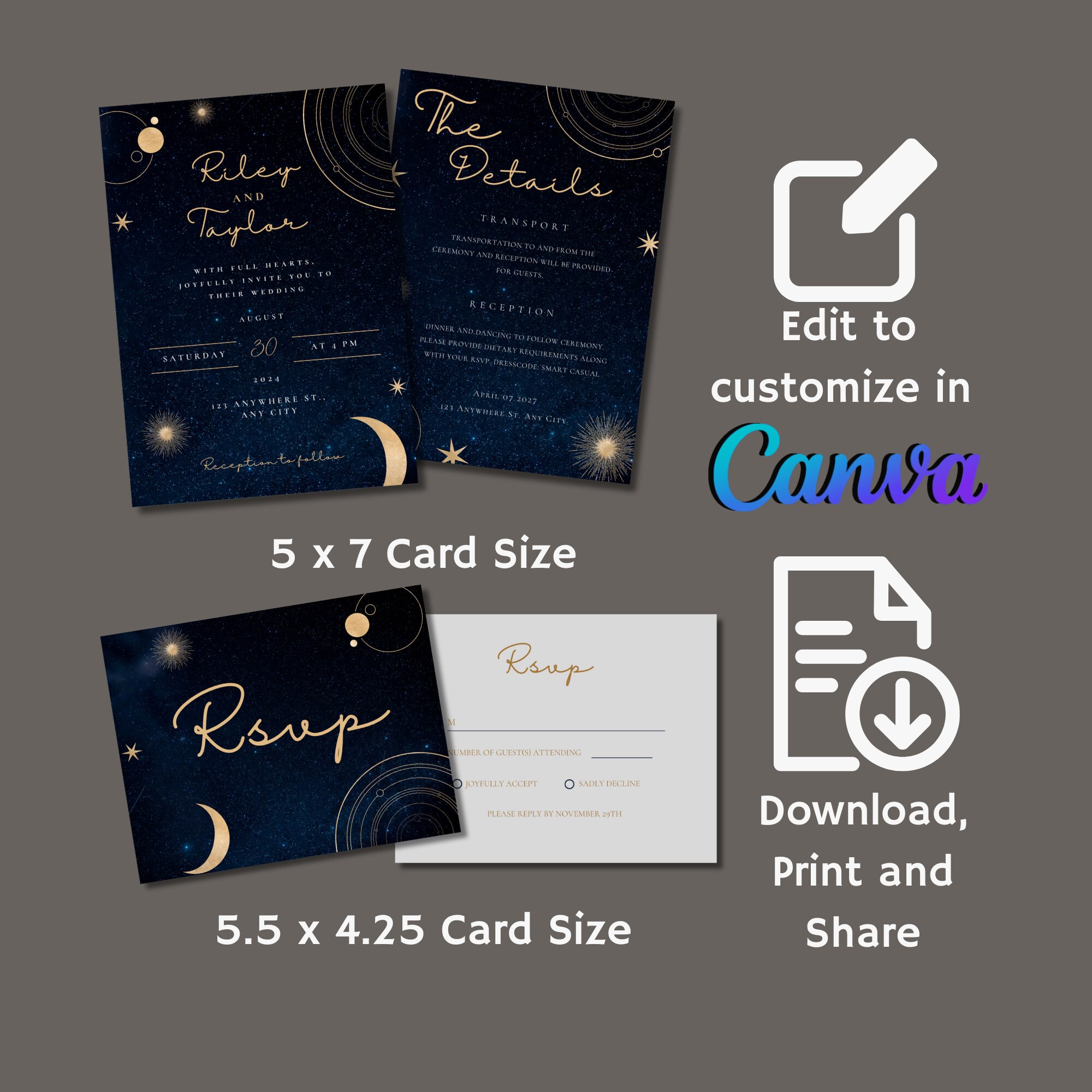 Dark Celestial Wedding Invitation Template, Enchanted Wedding Invite ...