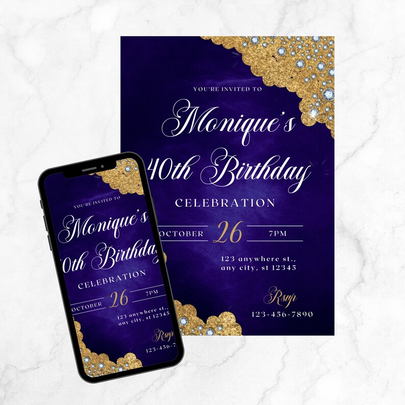 Purple and Gold Diamond Invite, Purple Gold Birthday, Elegant ...