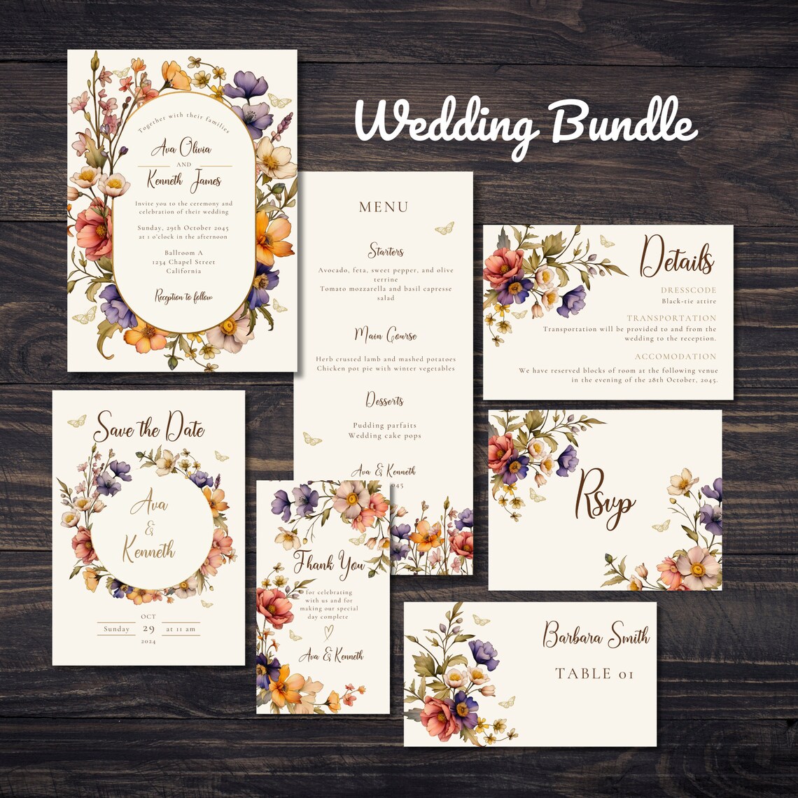 Wildflower Cottagecore Floral Wedding Bundle, Modern Boho Wedding Set ...