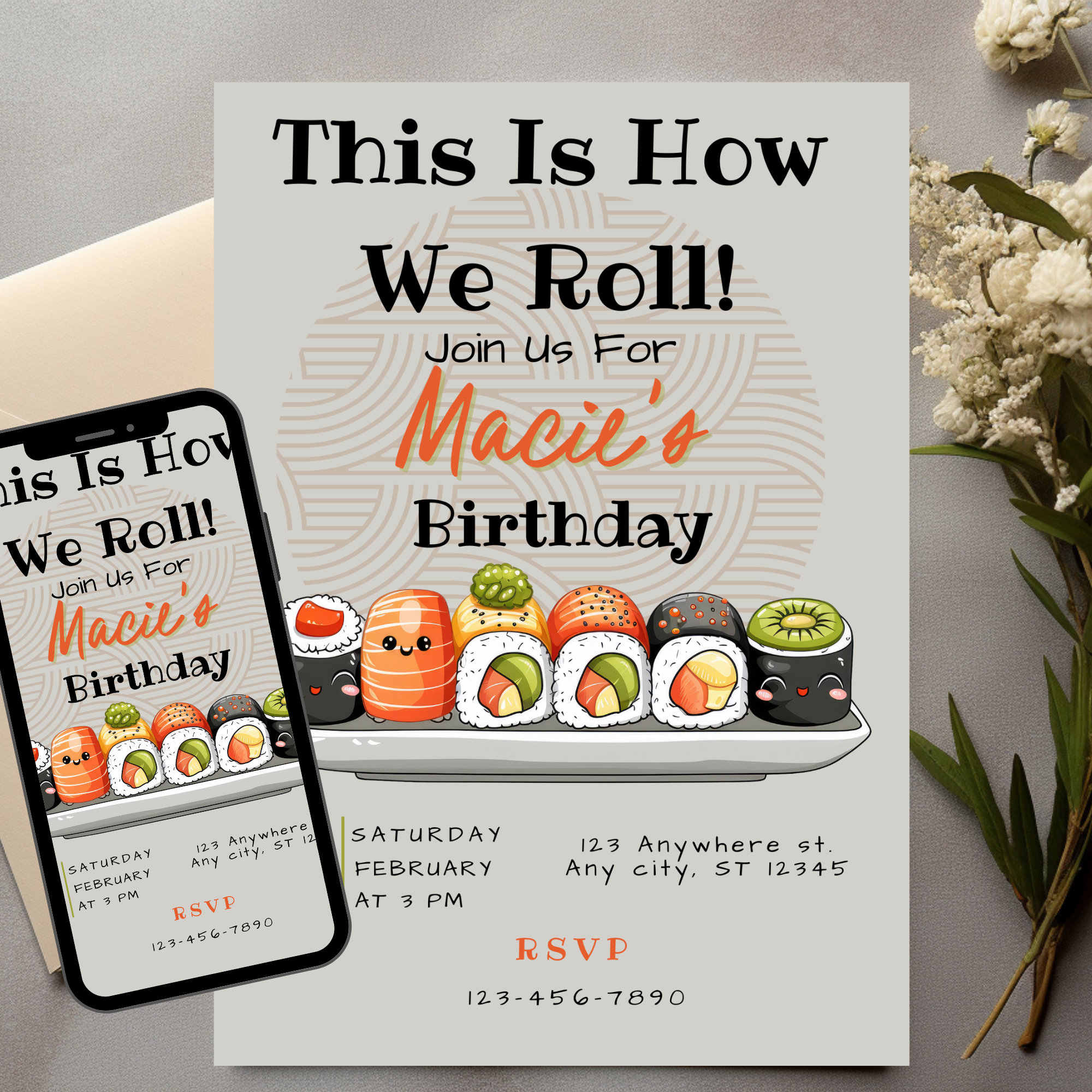 Kawaii Sushi Birthday Invite, Sushi Birthday, Sushi Theme Party, Kids ...