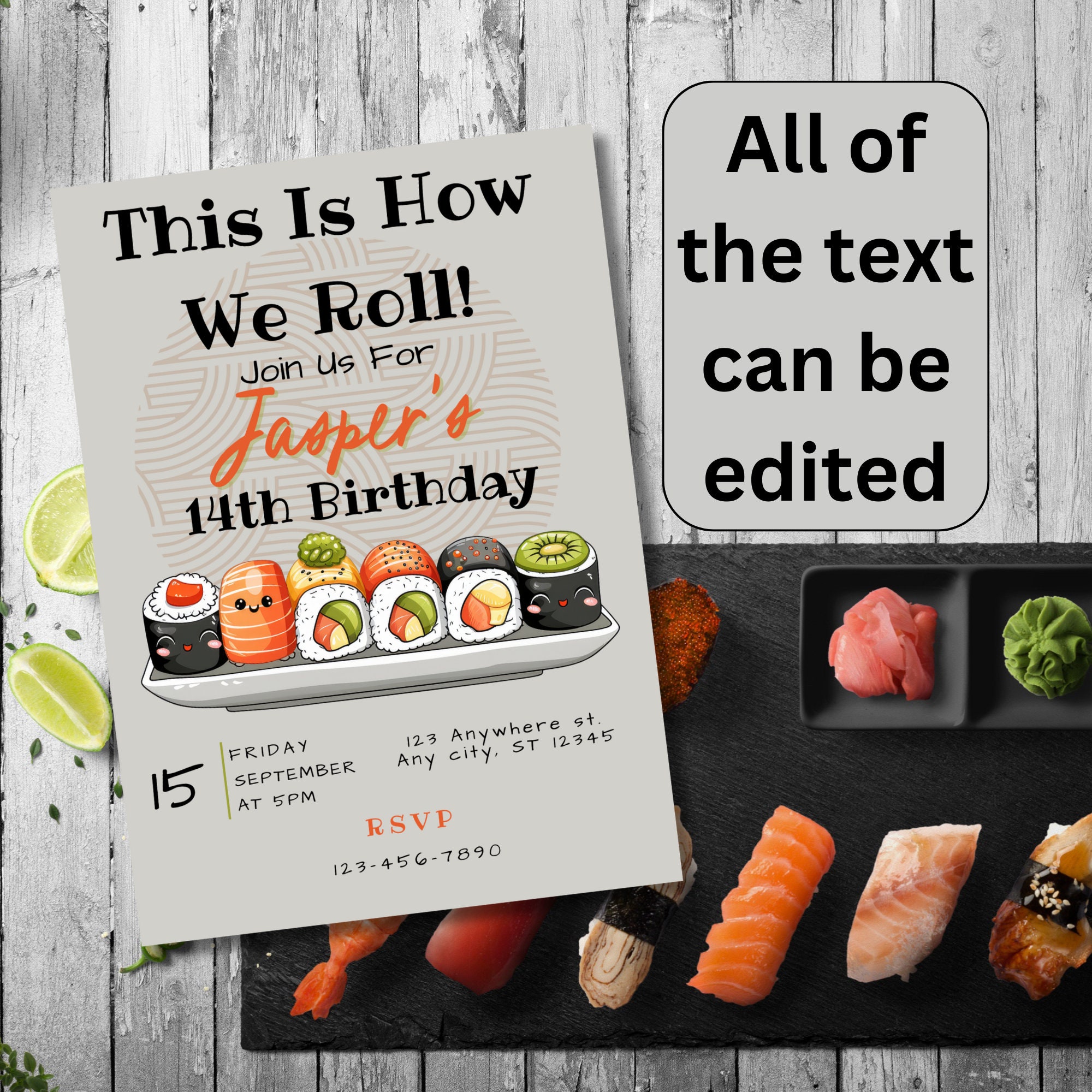 Kawaii Sushi Birthday Invite, Sushi Birthday, Sushi Theme Party, Kids ...