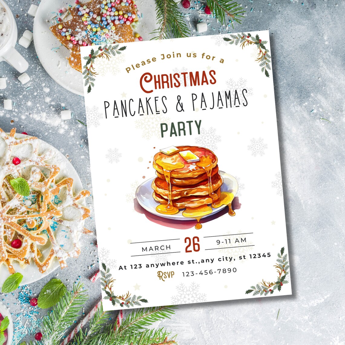 Christmas Pancake & Pjs Party Invite Template, Pajama Party, Christmas ...
