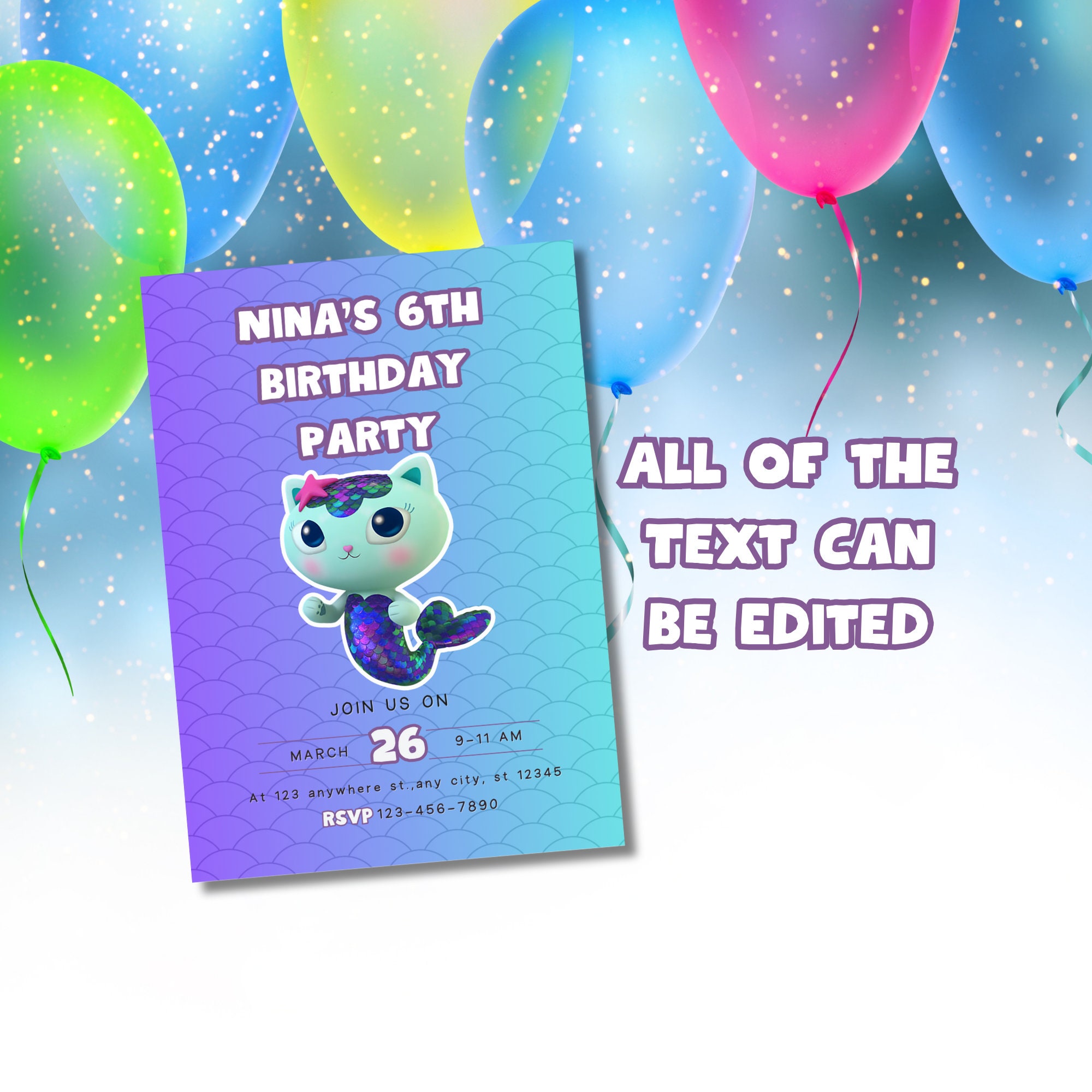 Mercat Birthday Invite, Gabby Invitation, Pink and Purple Party, Gabby ...