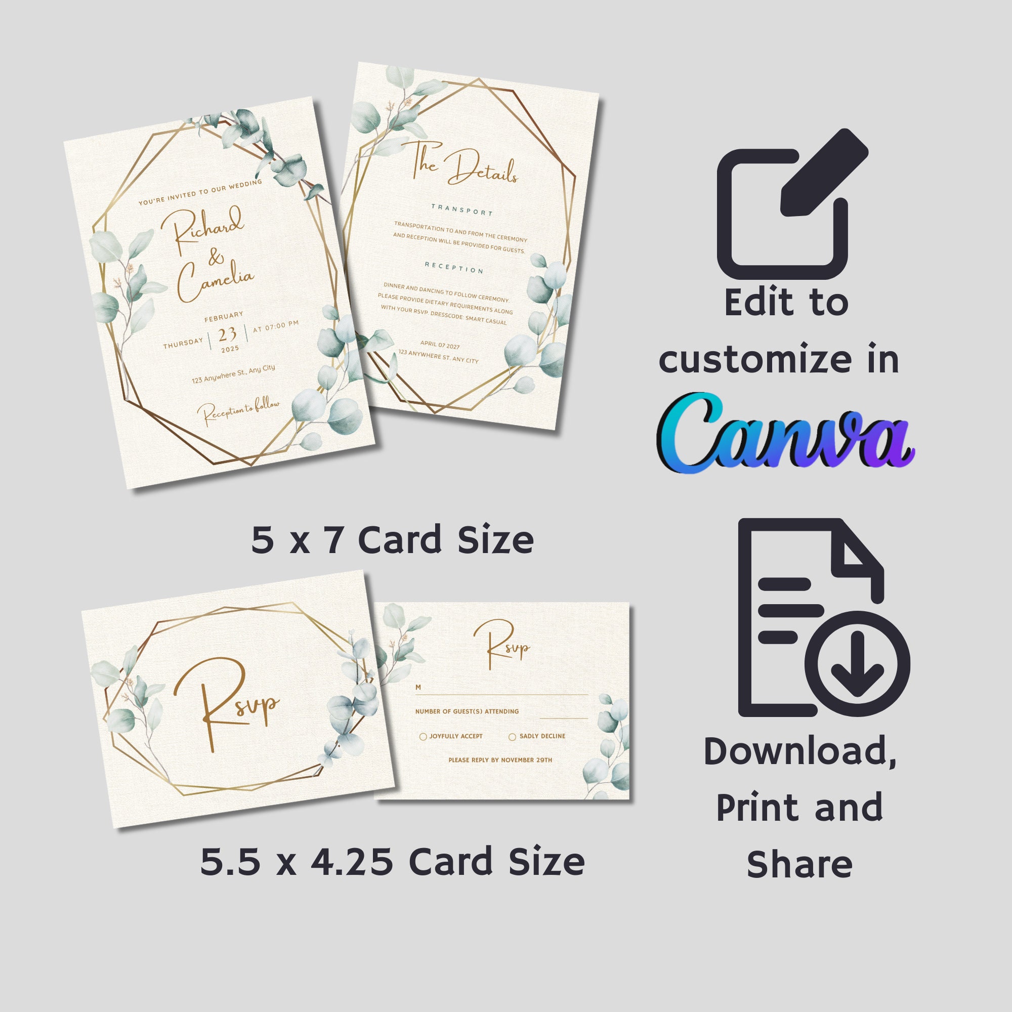 Eucalyptus Wedding Invite Template, Greenery Hexagonal, Wedding ...
