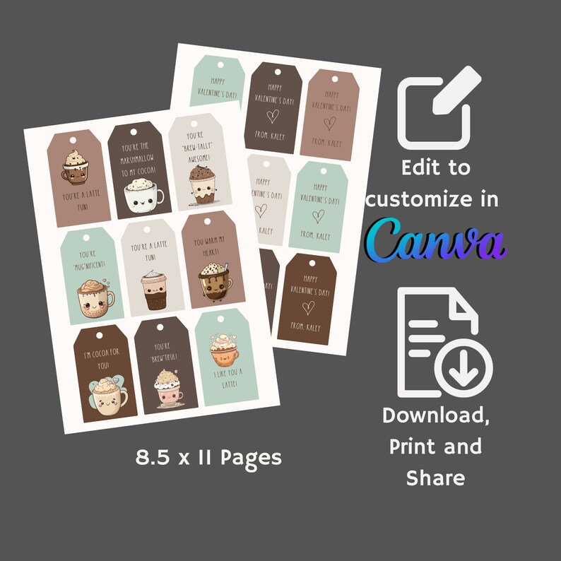 Coffee Cocoa Valentine Gift Tags, Personalized Gift Tags, Gift Tag for ...