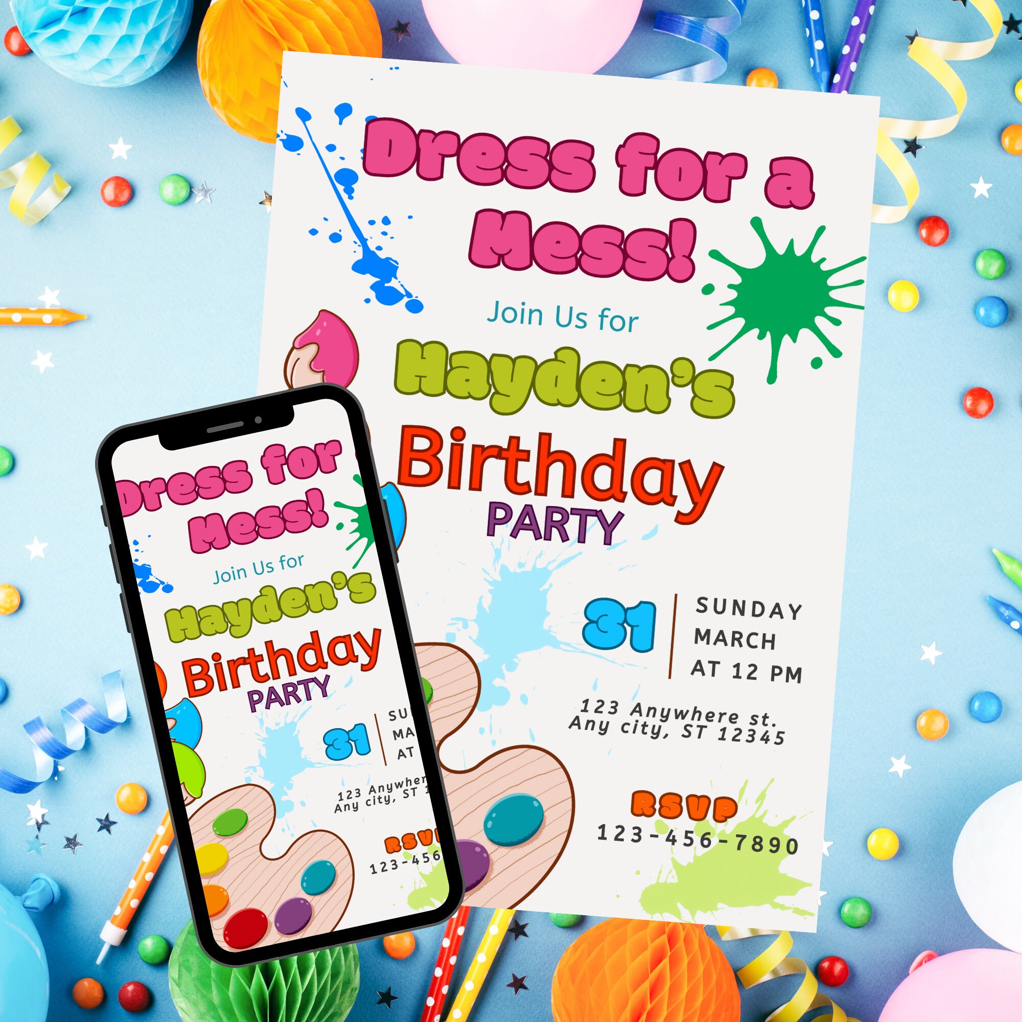 Dress for a Mess Birthday Party Invite, Paint Birthday, Virtual Art ...