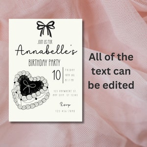 Black Bow Vintage Cake Birthday Invitation, Coquette Birthday, Heart ...