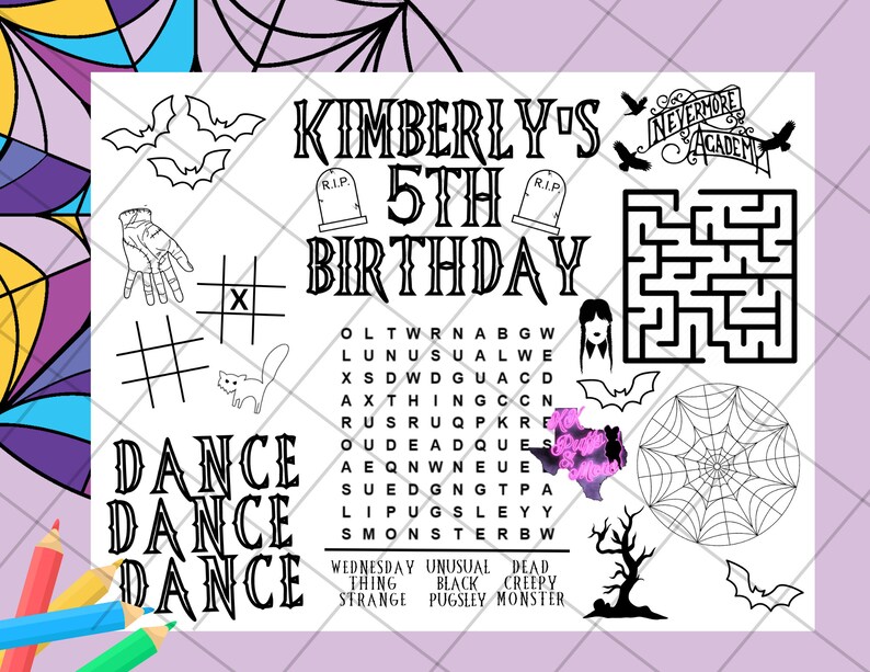 Wednesday Activity Sheet Birthday Activity Sheet Wednesday - Etsy Canada