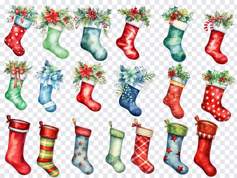 Christmas Stocking Clipart, Christmas Clipart, Watercolor Christmas ...