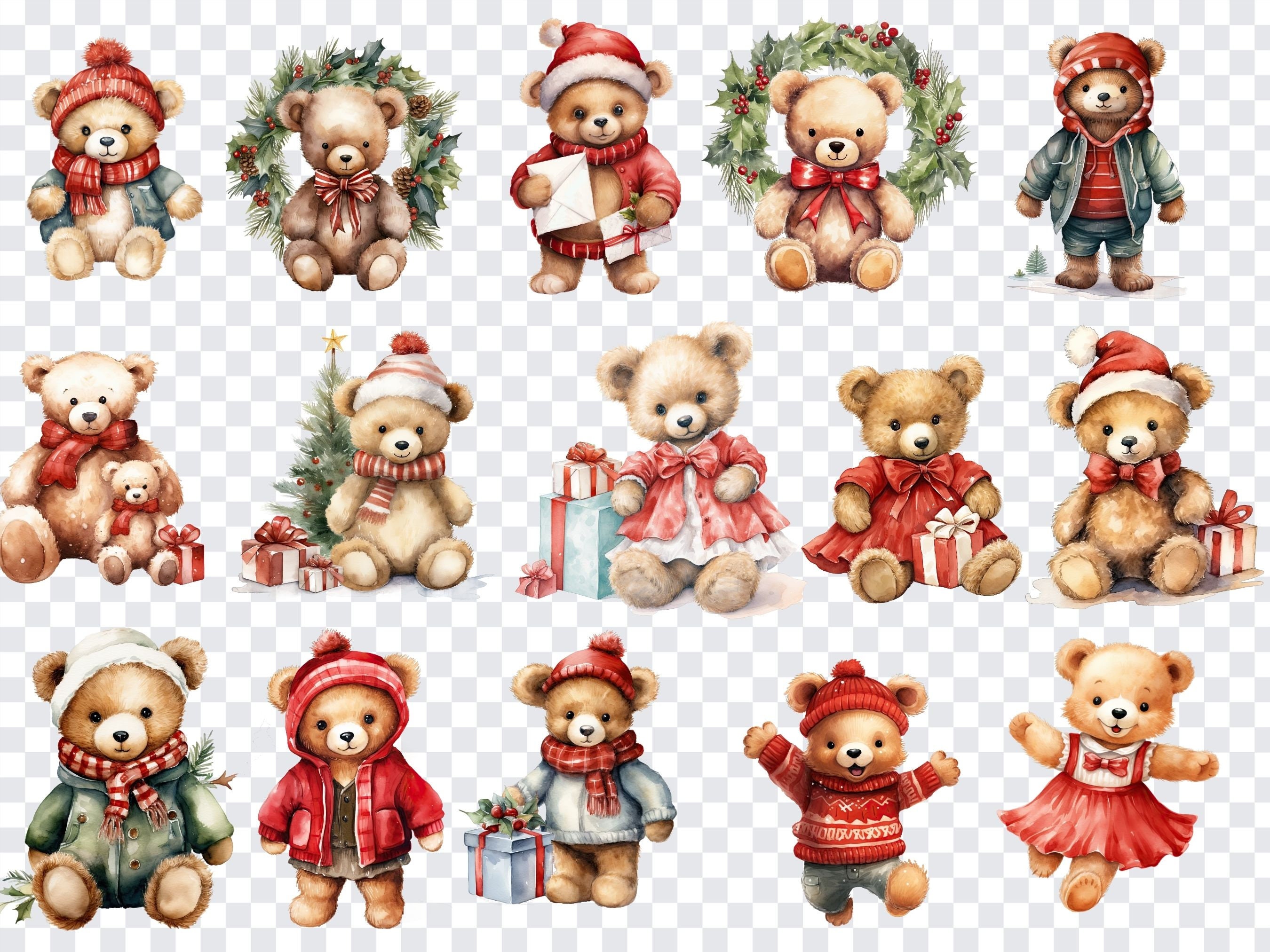 21 Christmas Teddy Bear Winter PNG Clipart Watercolor Bundle Scrapbook ...