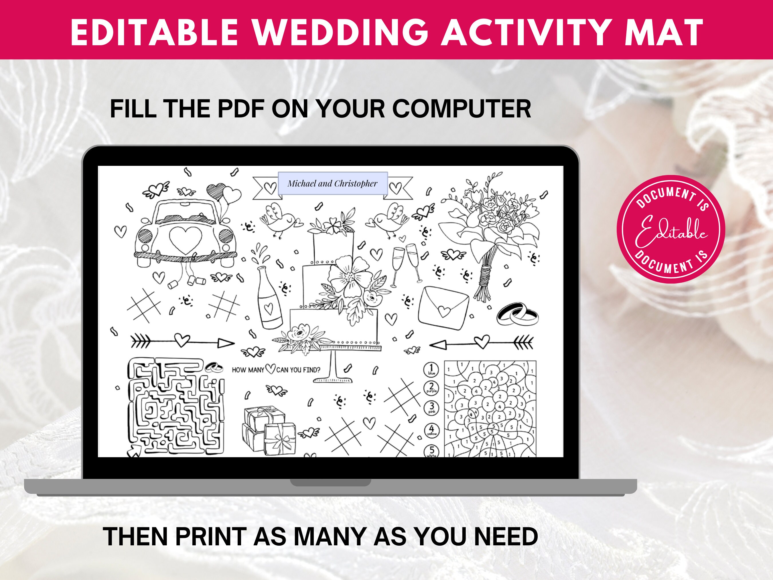 Editable Wedding Coloring Placemat, Wedding Coloring Pages, Wedding ...