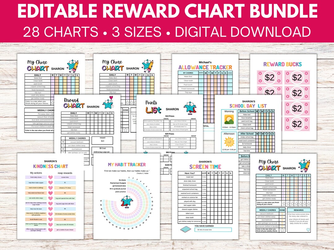 Editable Reward Chart Bundle for Kids Fun Chore Chart - Etsy