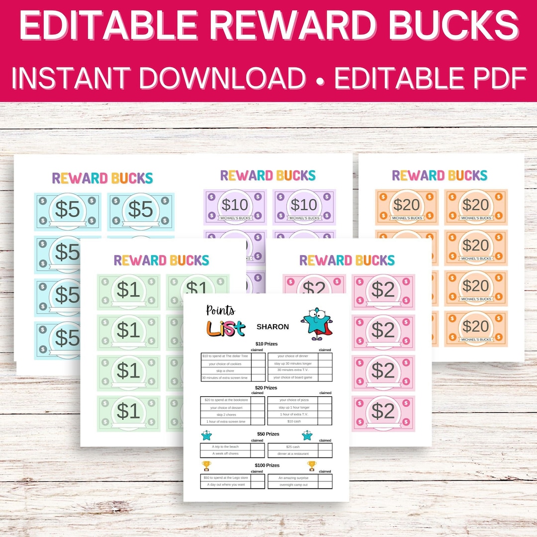 Editable Reward Bucks, Kids Reward Chart, Mom Bucks, Kids Reward Coupon ...
