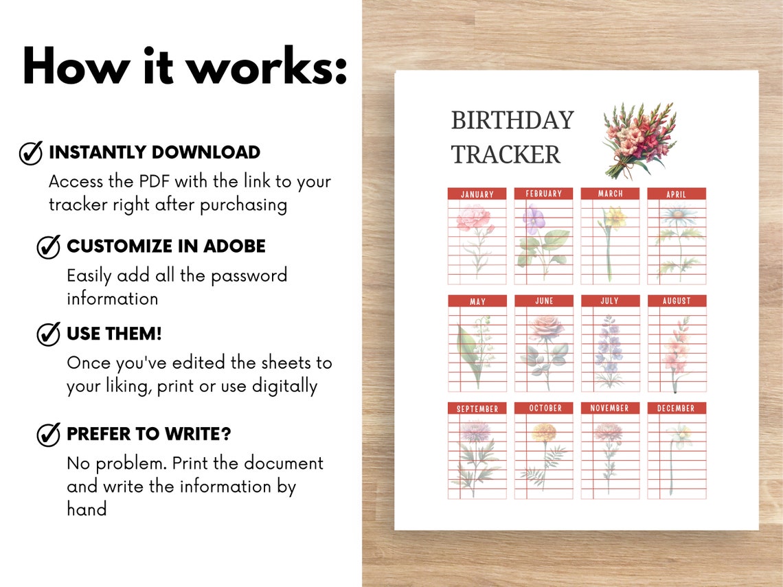 Editable Perpetual Birthday Calendar, Birthday Checklist, Birthdays ...