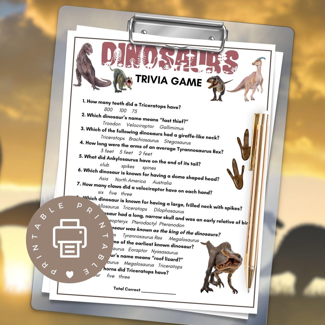 Dinosaur Trivia Game, Printable Dinosaur Game for Kids & Adults, Paleontology Birthday Activity ...