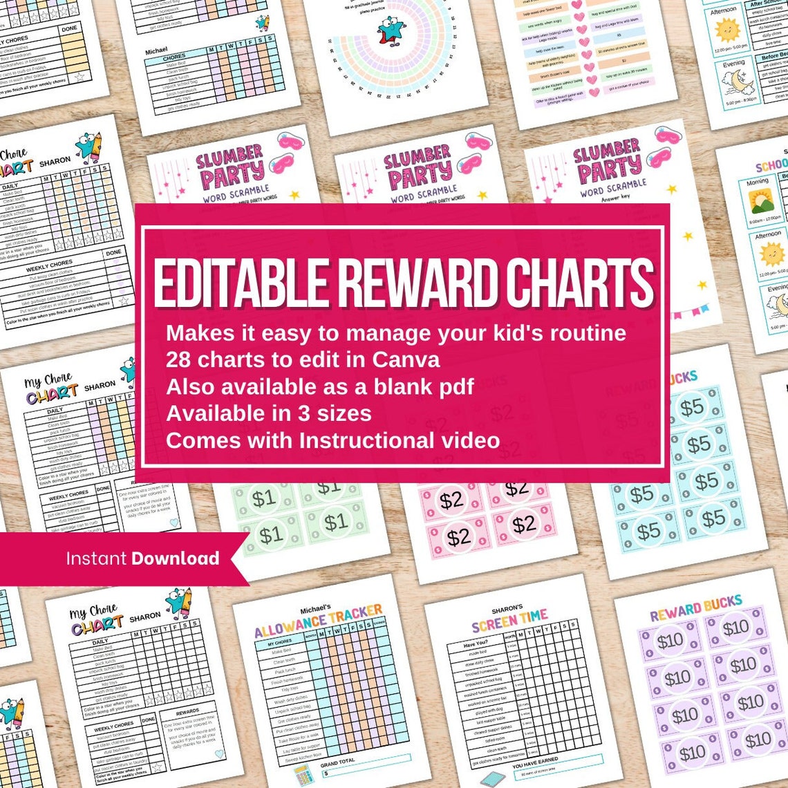 Editable Reward Chart Bundle for Kids Fun Chore Chart Designs Daily ...