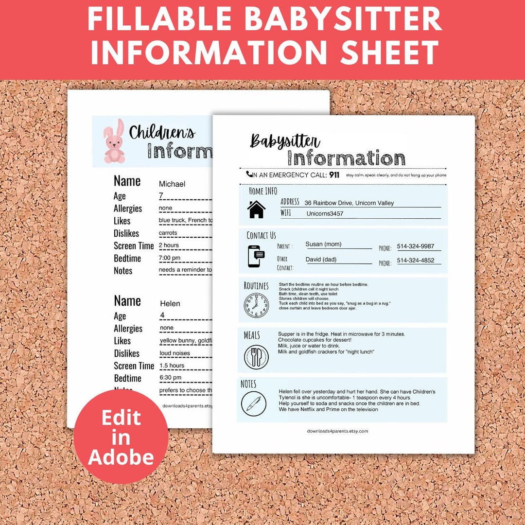 Fillable Babysitter Information Sheet, Printable Babysitter Checklist ...