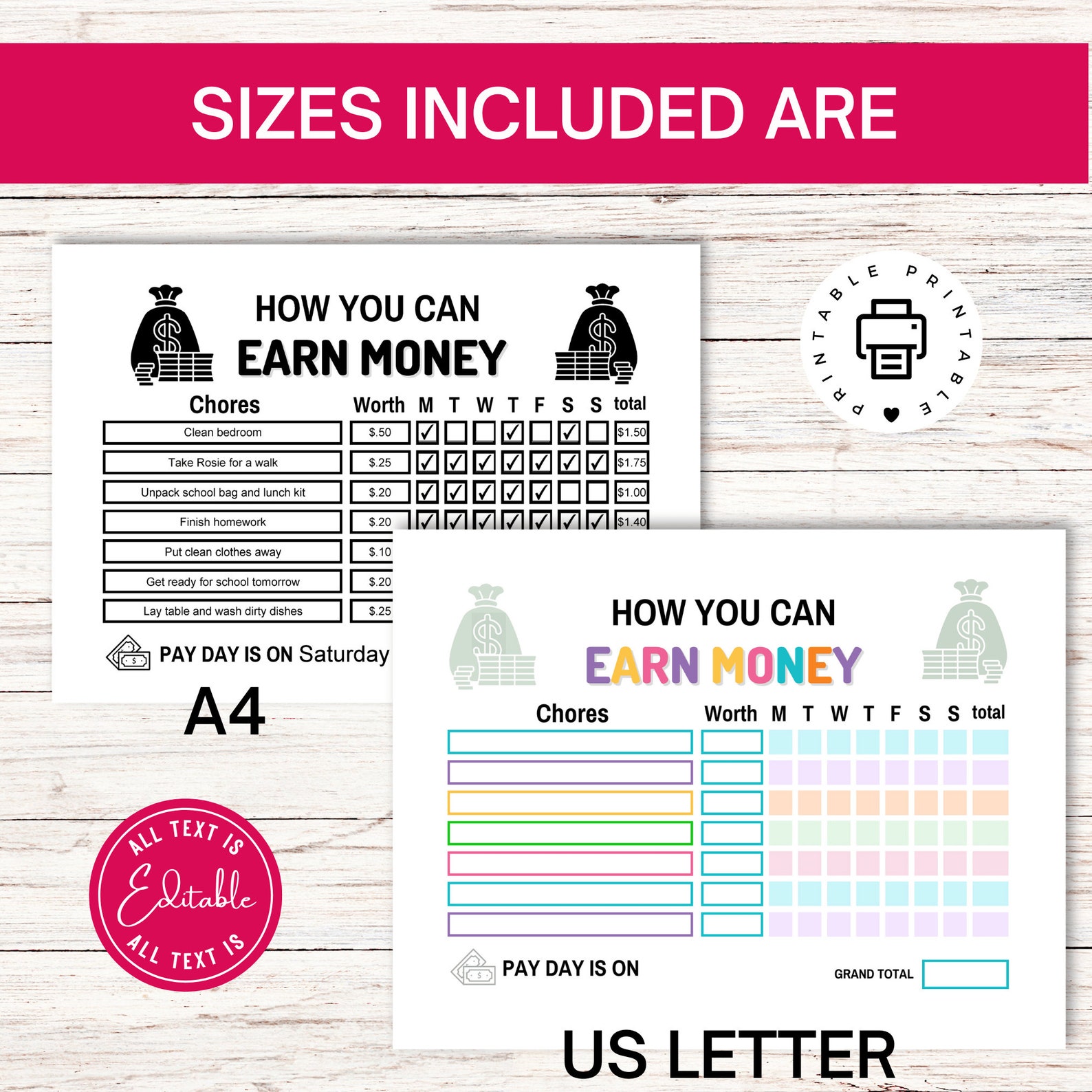 How to Earn Money Chore Chart Editable Allowance Chore Chart for Kids ...