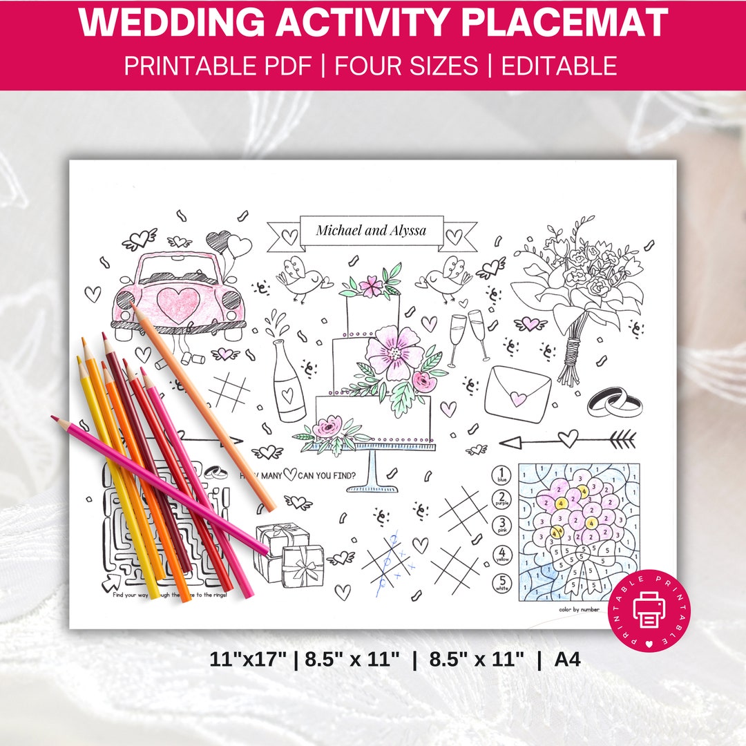 Editable Wedding Coloring Placemat, Wedding Coloring Pages, Wedding ...