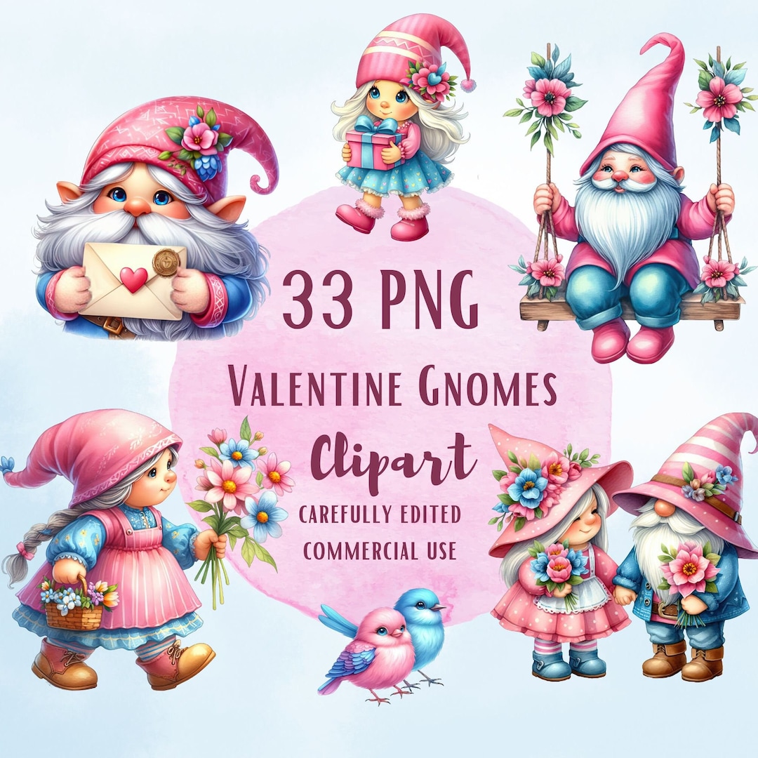 Blue and Pink Valentine Gnome Clipart, Watercolor Gnome Valentine's ...
