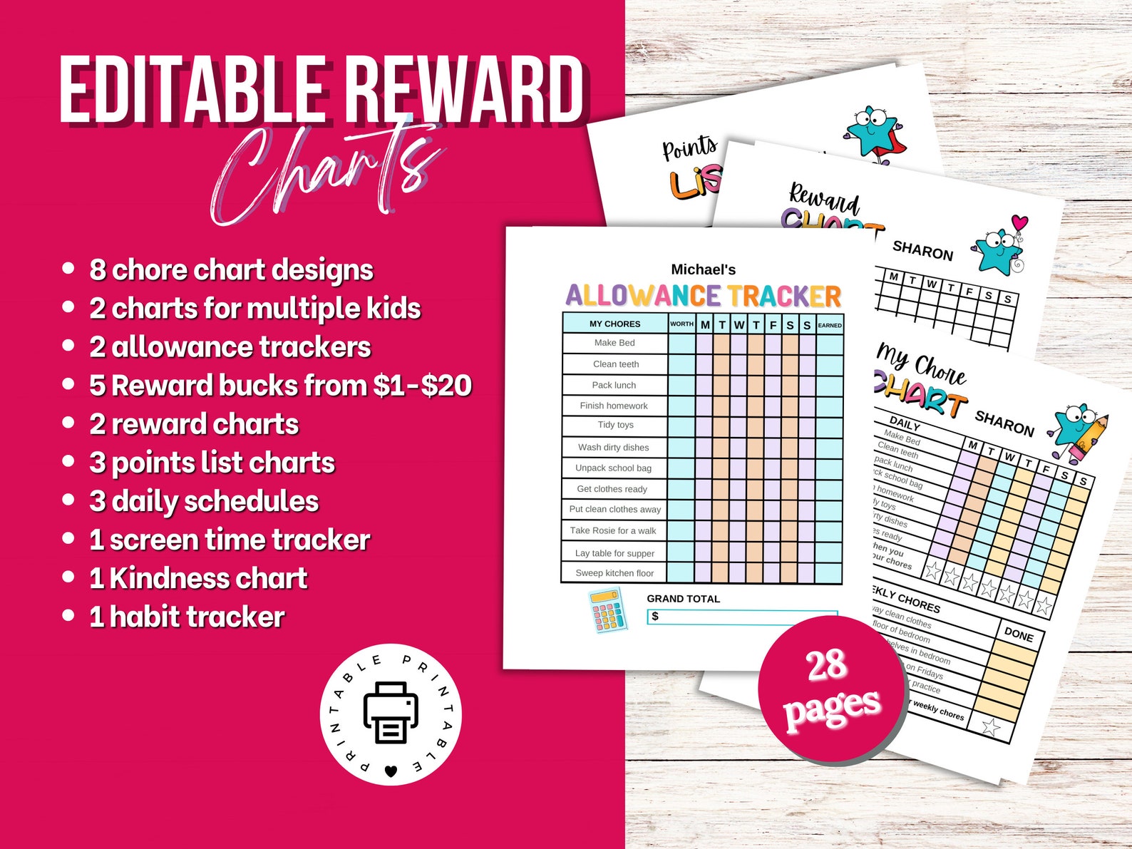 Editable Reward Chart Bundle for Kids Fun Chore Chart Designs Daily ...