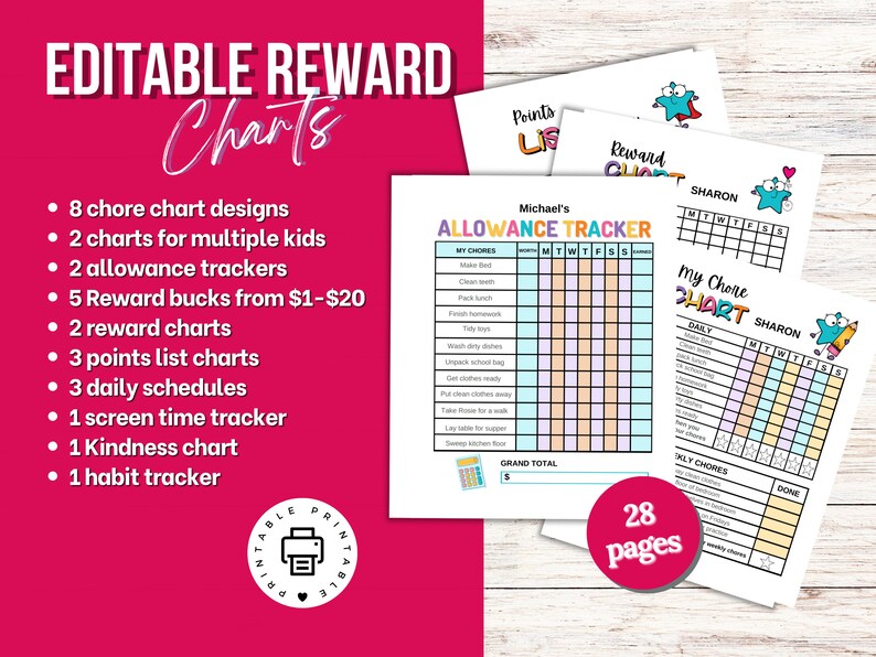 Editable Reward Chart Bundle for Kids Fun Chore Chart Designs Daily ...