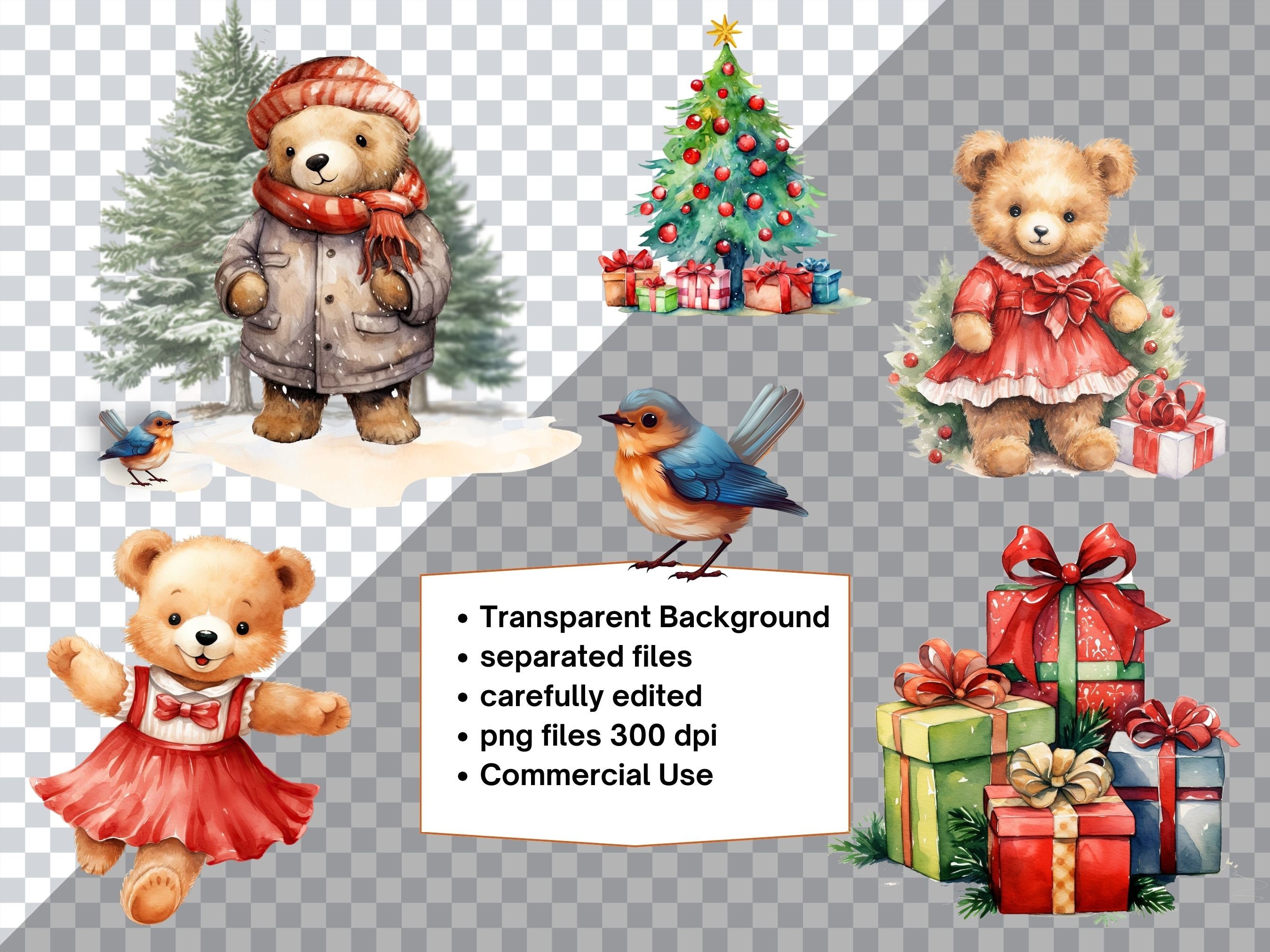 21 Christmas Teddy Bear Winter PNG Clipart - Watercolor Bundle ...