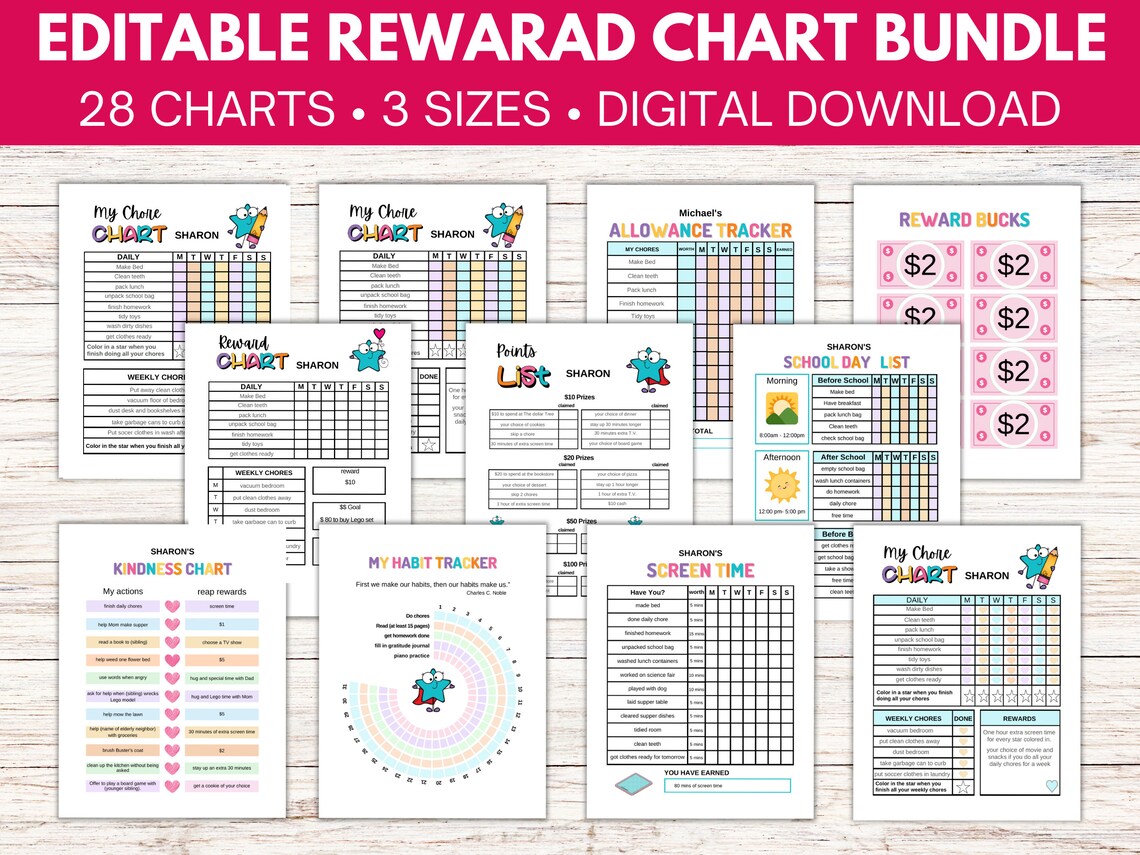 Editable Reward Chart Bundle for Kids Fun Chore Chart Designs Daily ...