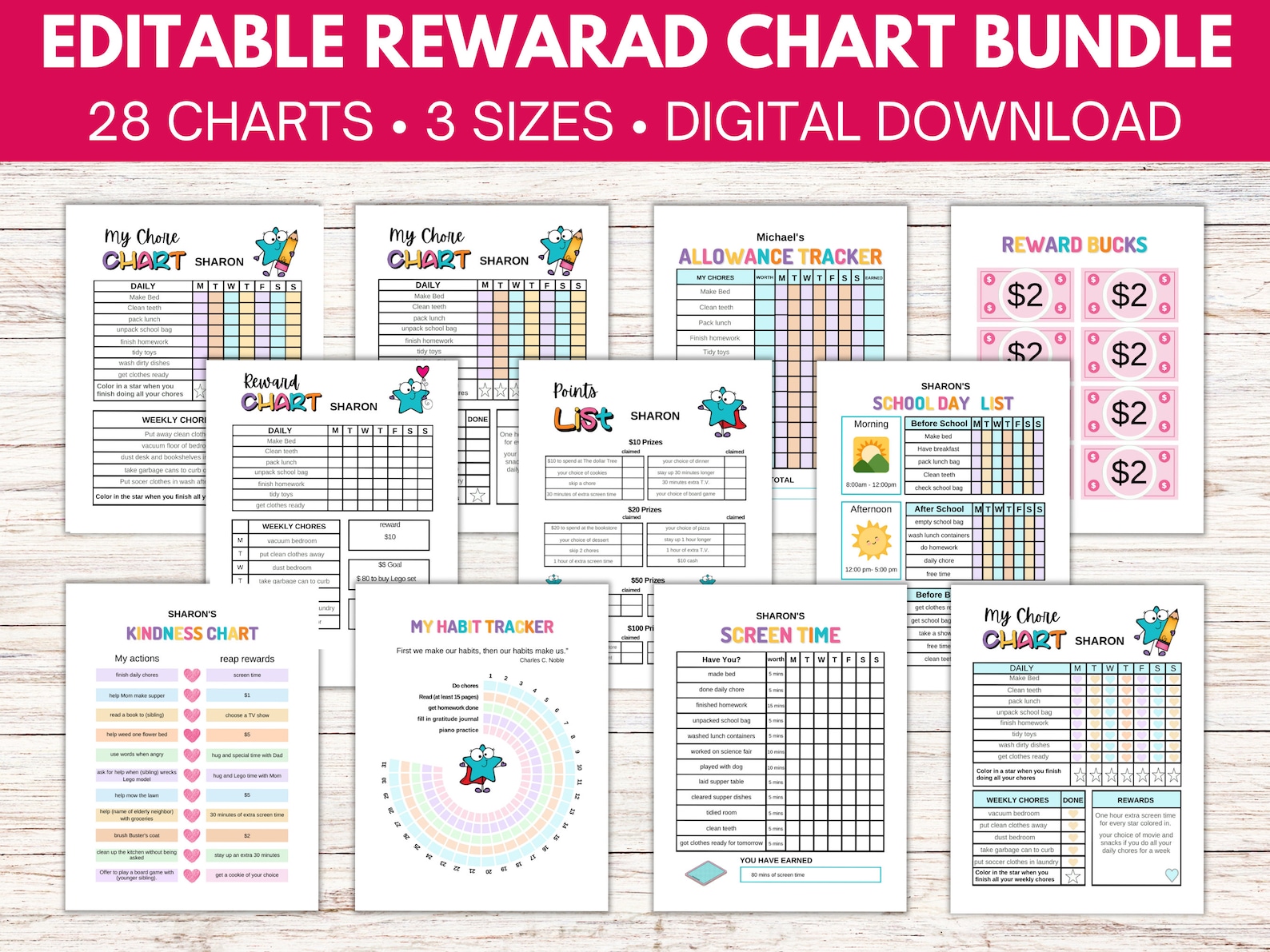 Editable Reward Chart Bundle for Kids Fun Chore Chart Designs Daily ...
